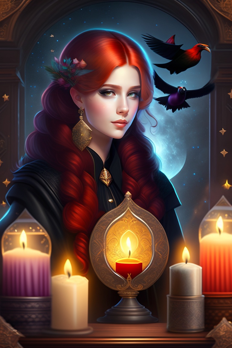 Lexica - Girl. fortune teller, with red hair, in a black dress ...
