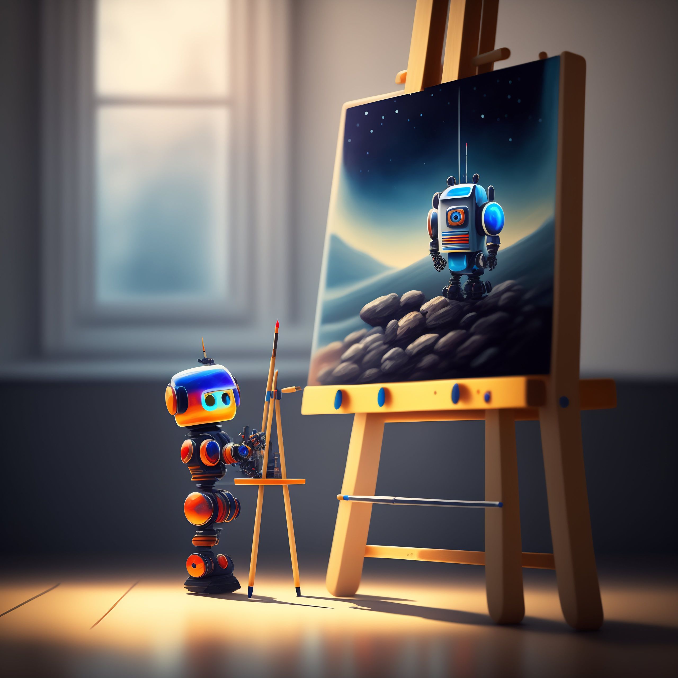 Lexica - A cute robot artist painting on an easel. Concept art