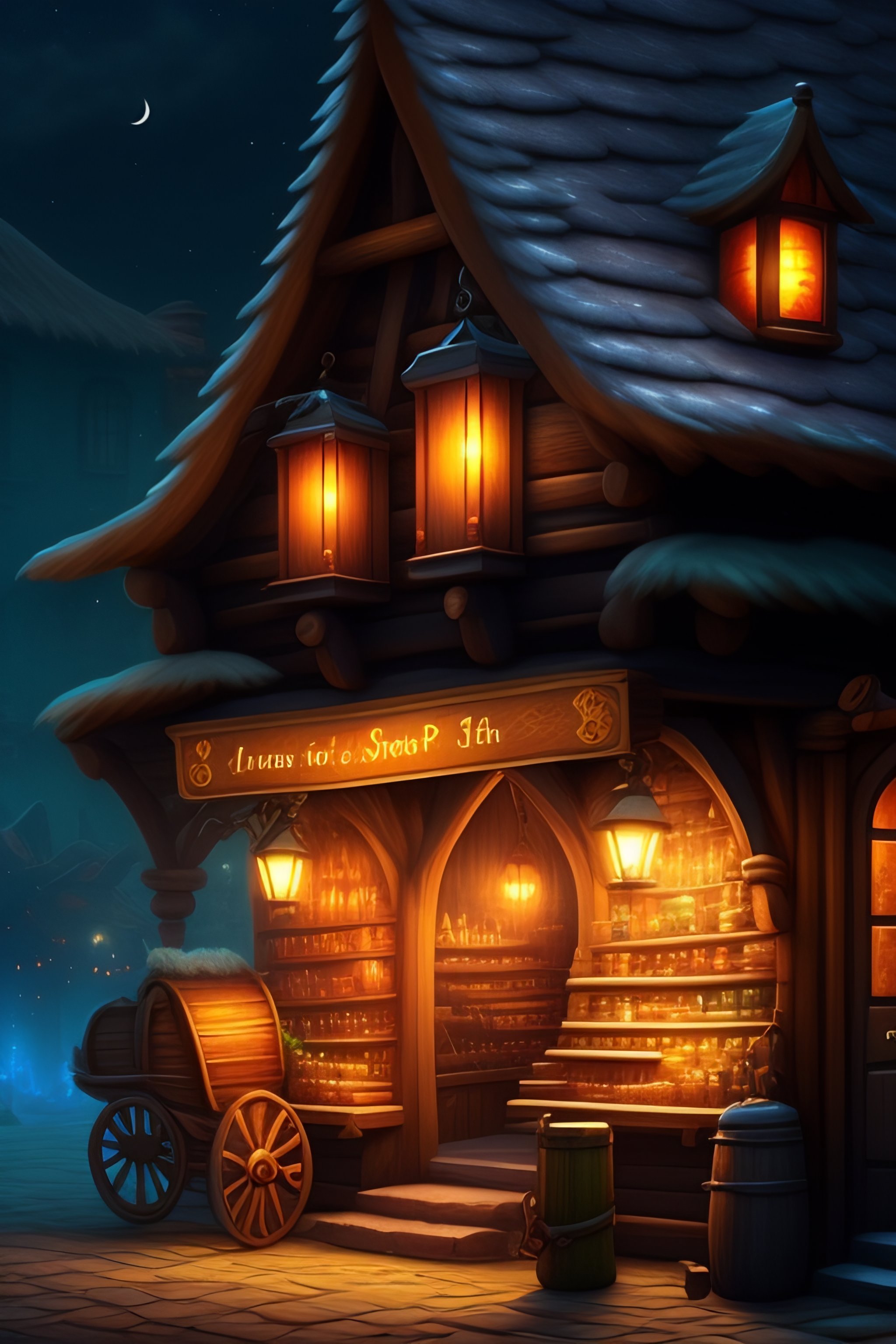 Lexica - Front shop, potion shop, shop, in the town, night time ...