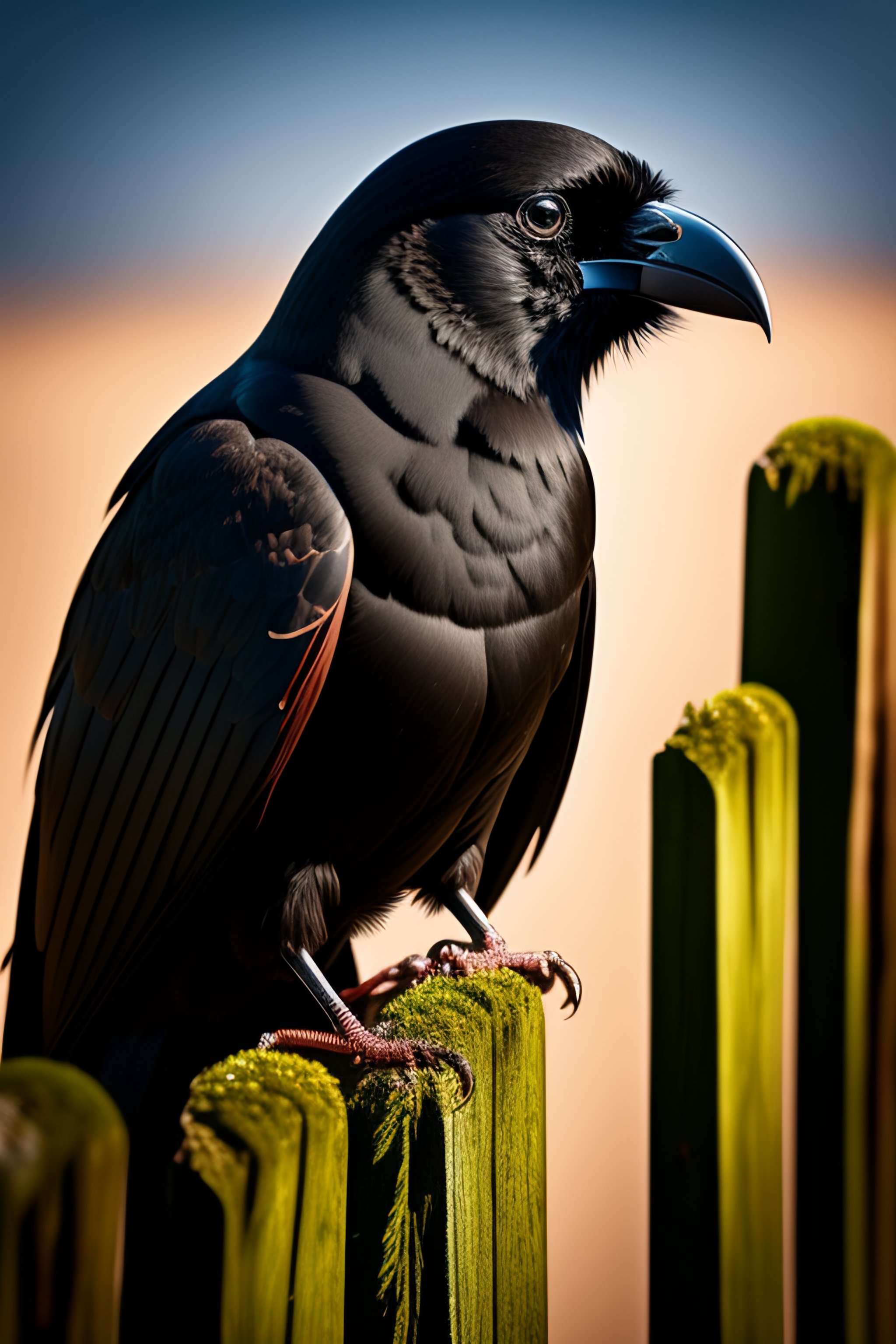 Lexica - Primitive portrait of a crow on a wooden fence