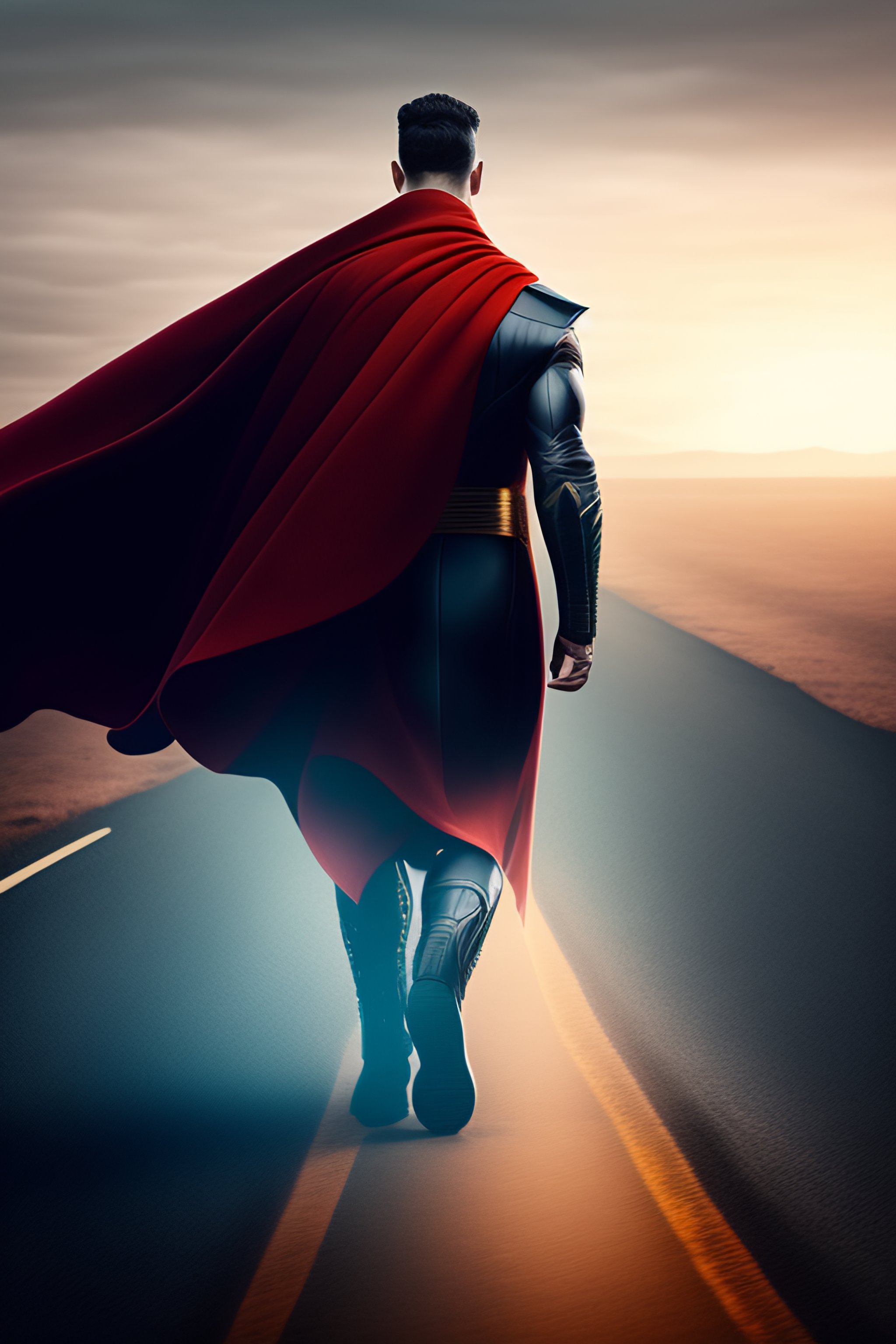 Lexica - Photo from the back of a superhero wearing a cape walking on a ...