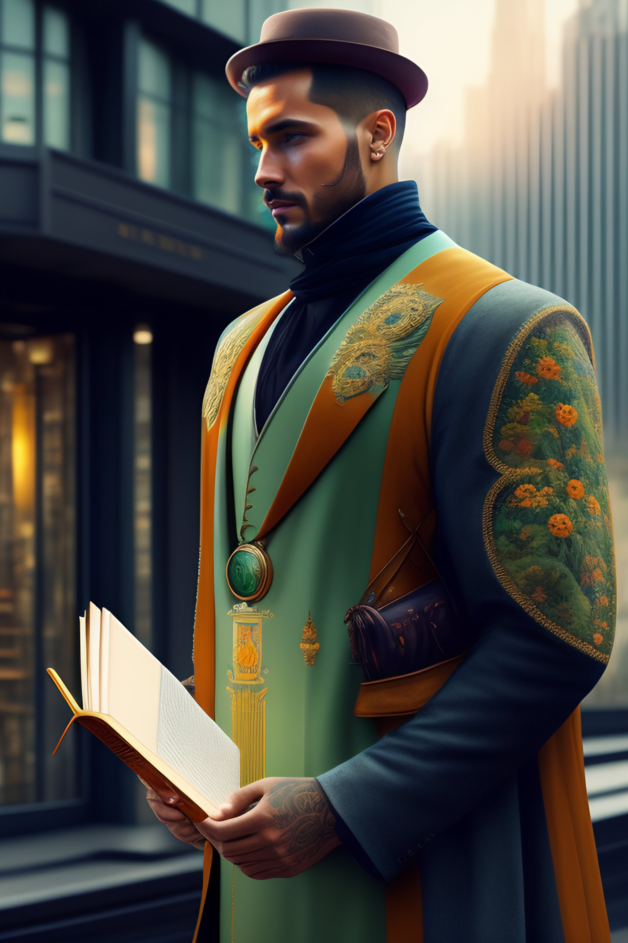 Lexica - Man dress in solarpunk fashion reading a book with background ...