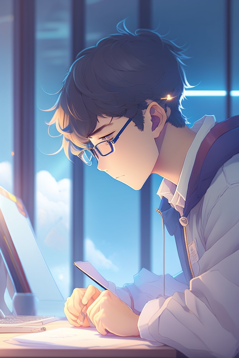 Lexica - A nerdy anime boy is problem solving alone thinking about ...