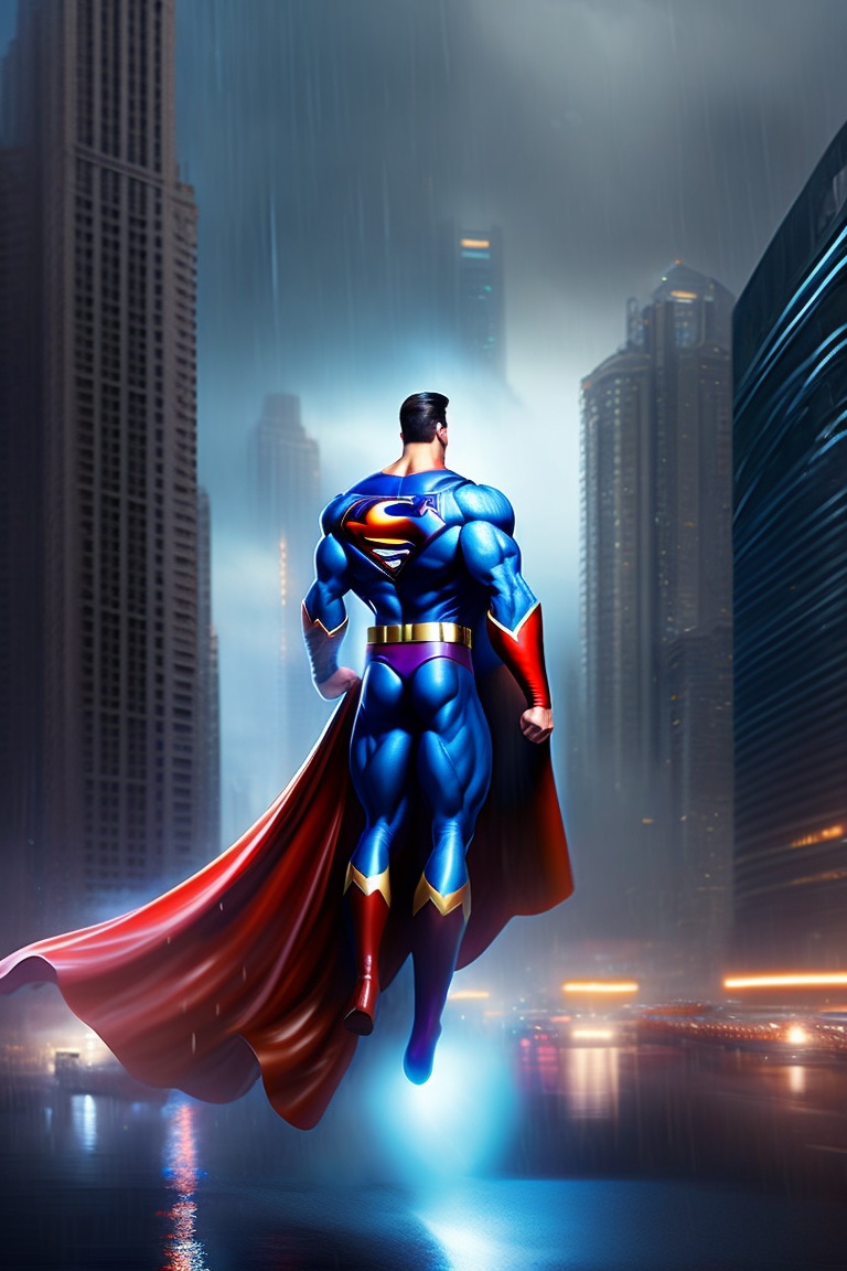 Lexica - Superman floating above the City, rainy night, realistic art ...