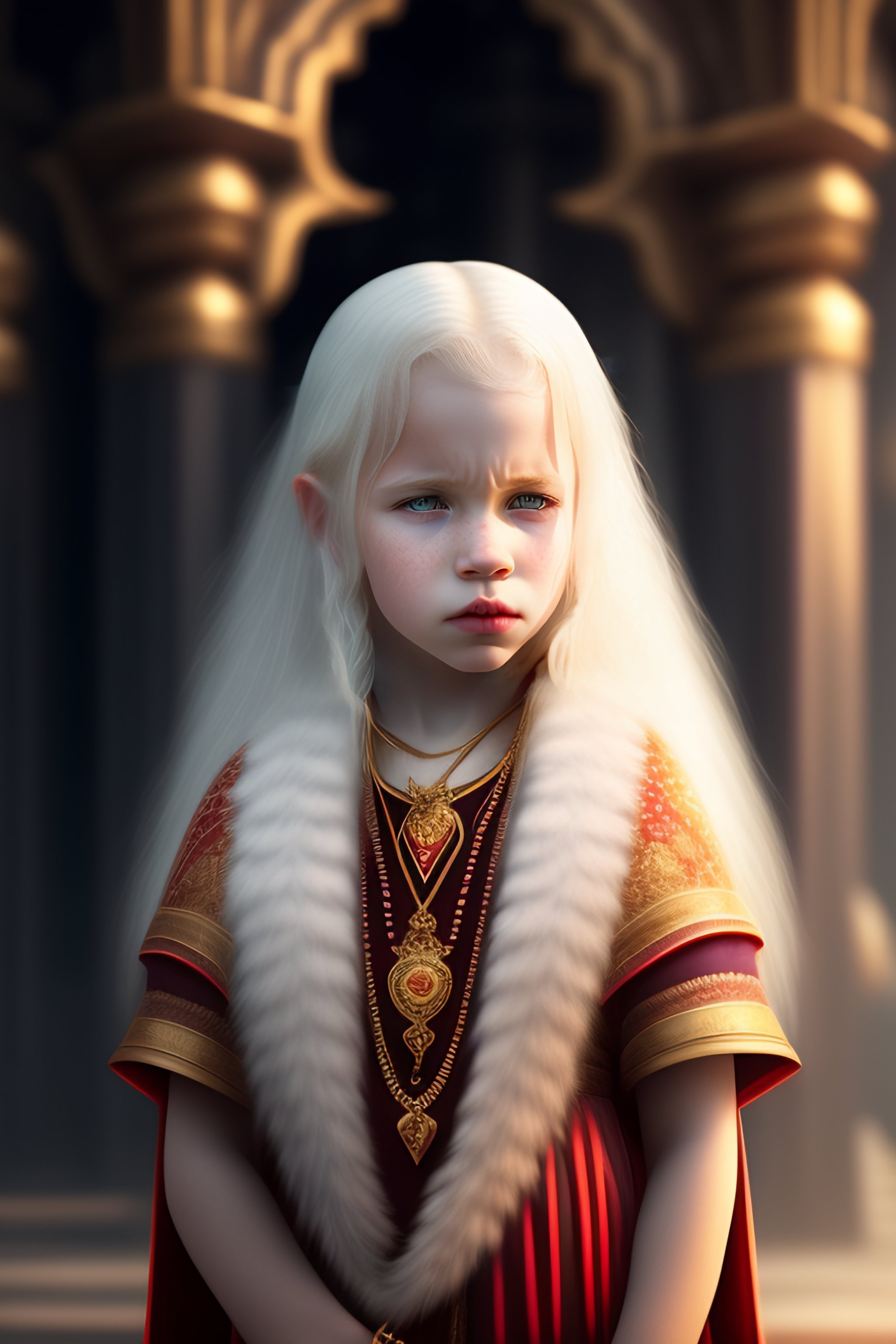 Lexica - Sad looking albino vampire female child in a temple