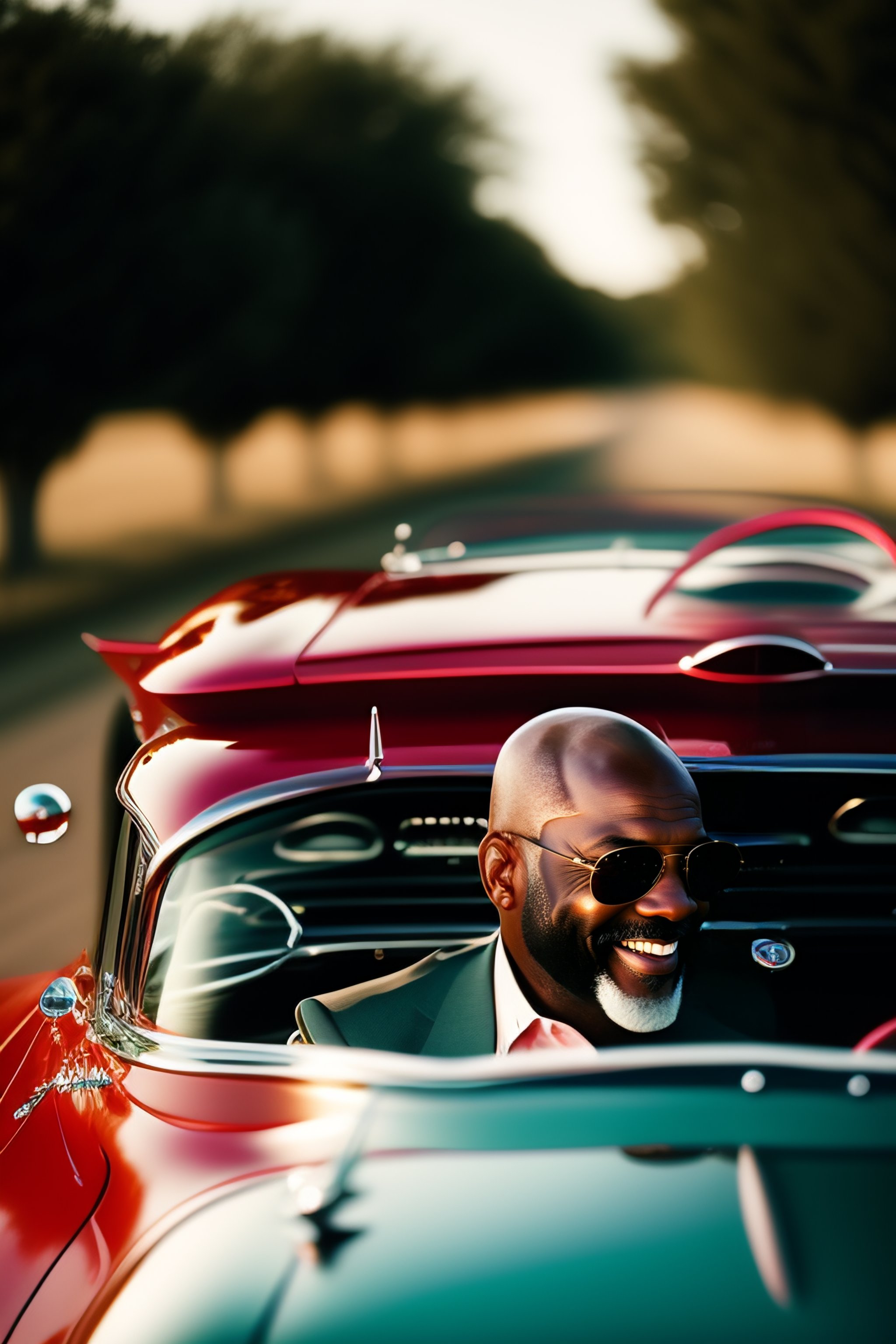 Lexica - Old bald black man with a grey beard, driving a red 1960 ...