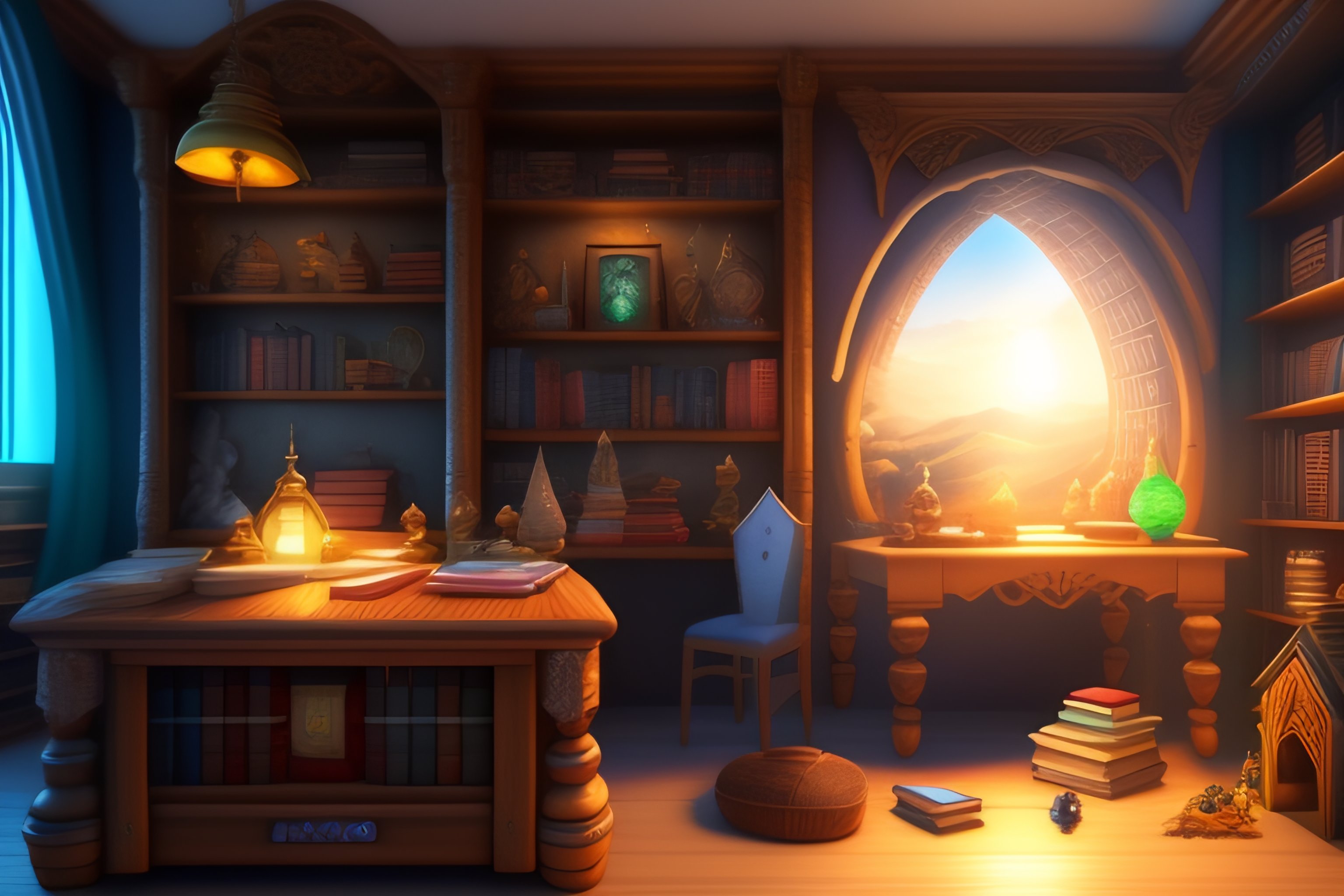 Lexica - Panoramic view of wizars's room with fantasy wizard's work ...