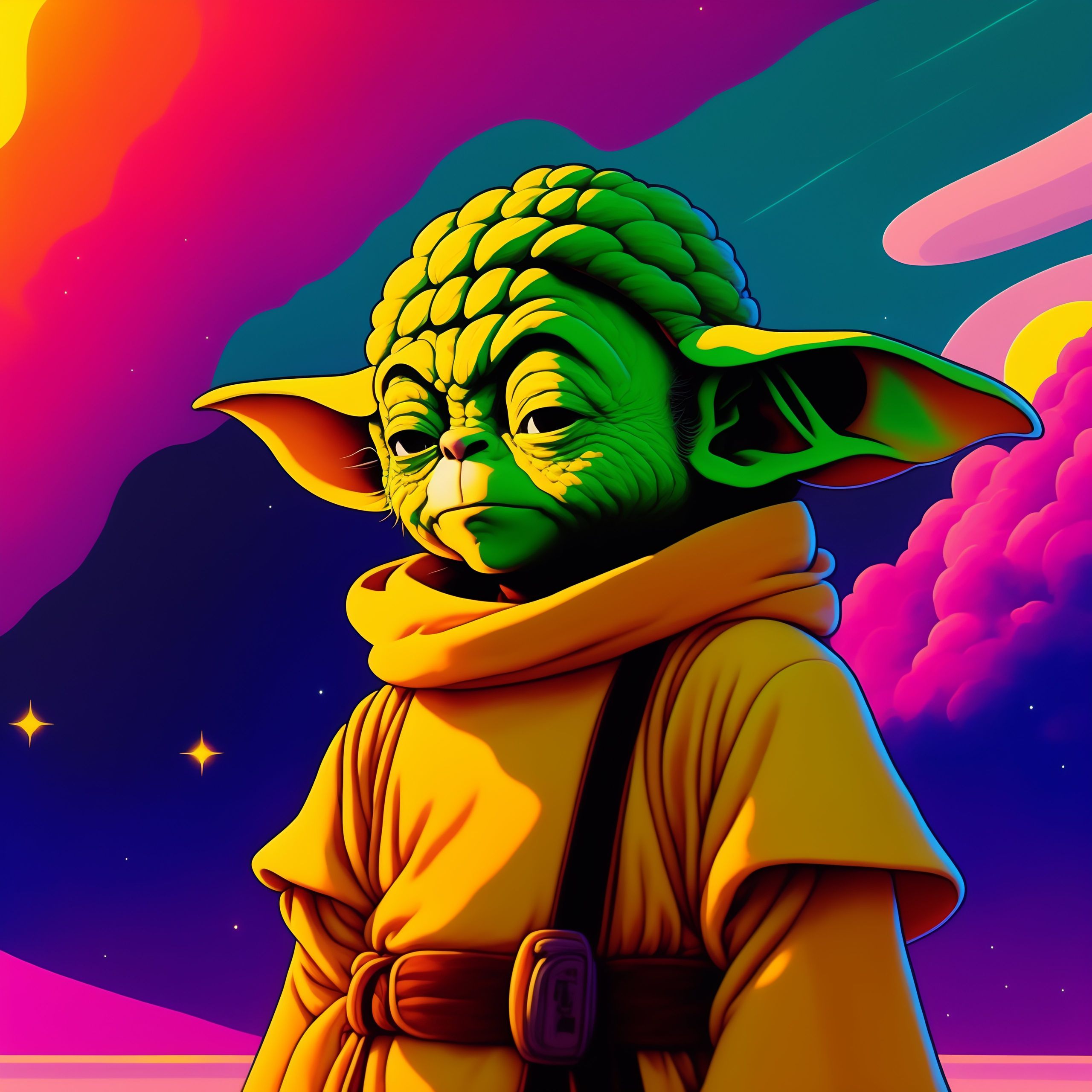 Lexica - 70s cartoon style photo of yoda in far off galaxy, style of ...