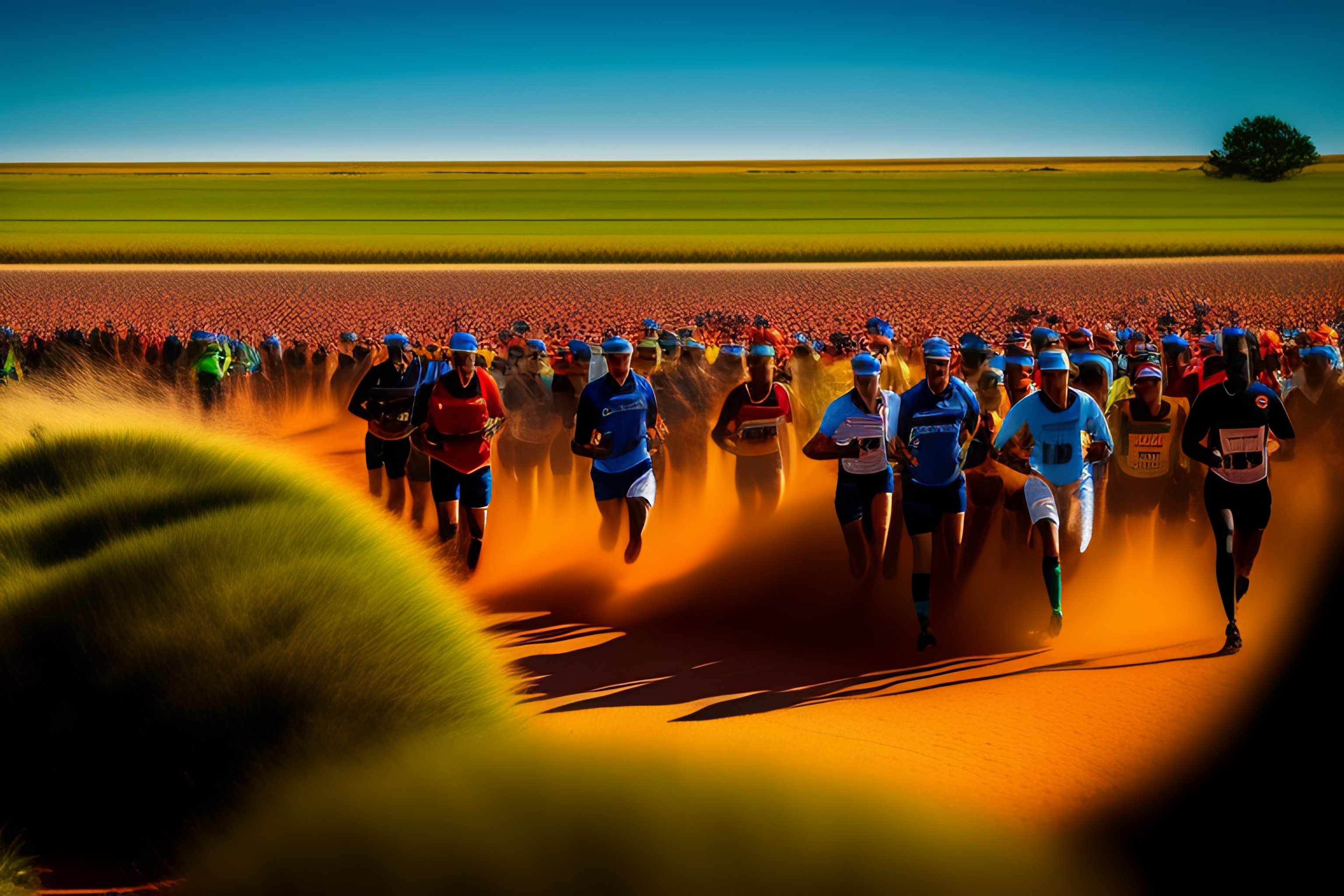 Lexica - A lot of men and women chasing, front view, grass ground, sun ...