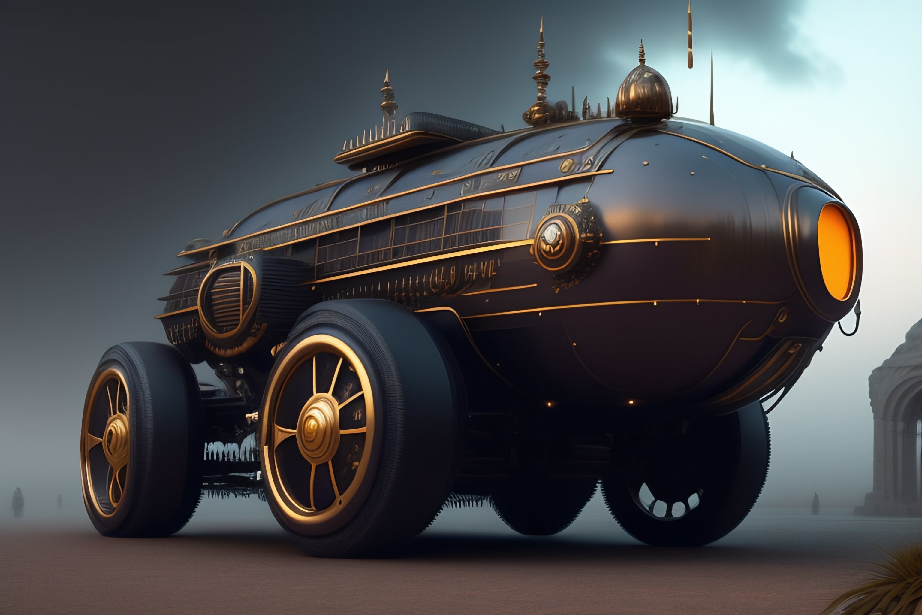 Lexica - Wide shot of a minimal biomechanical steampunk vehicle ...