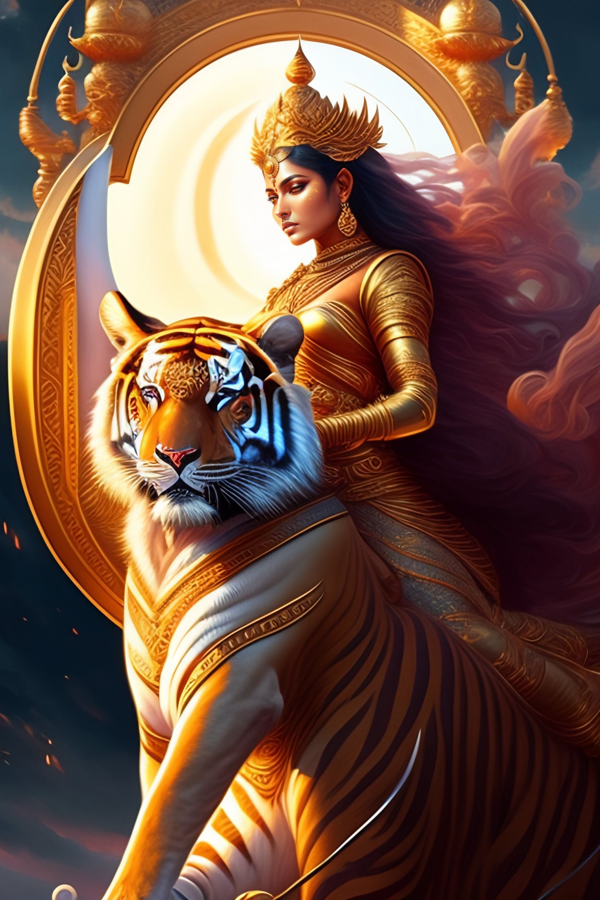 Lexica - Image of goddess durga riding tiger, d & d, beautiful, renaissance, fantasy, intricate ...