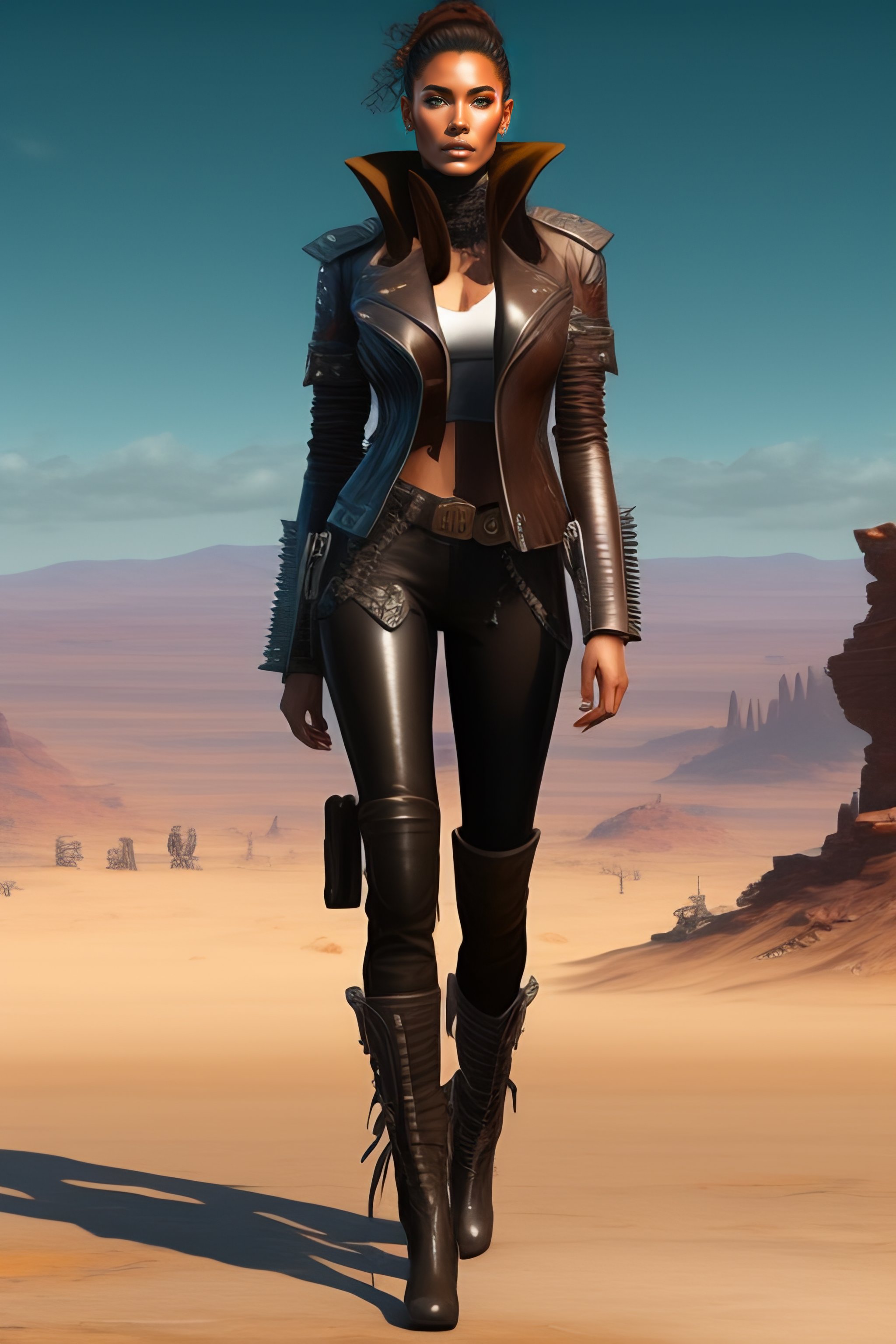 Lexica - Concept art of a post-apocalypse woman, leather jacket, pant ...