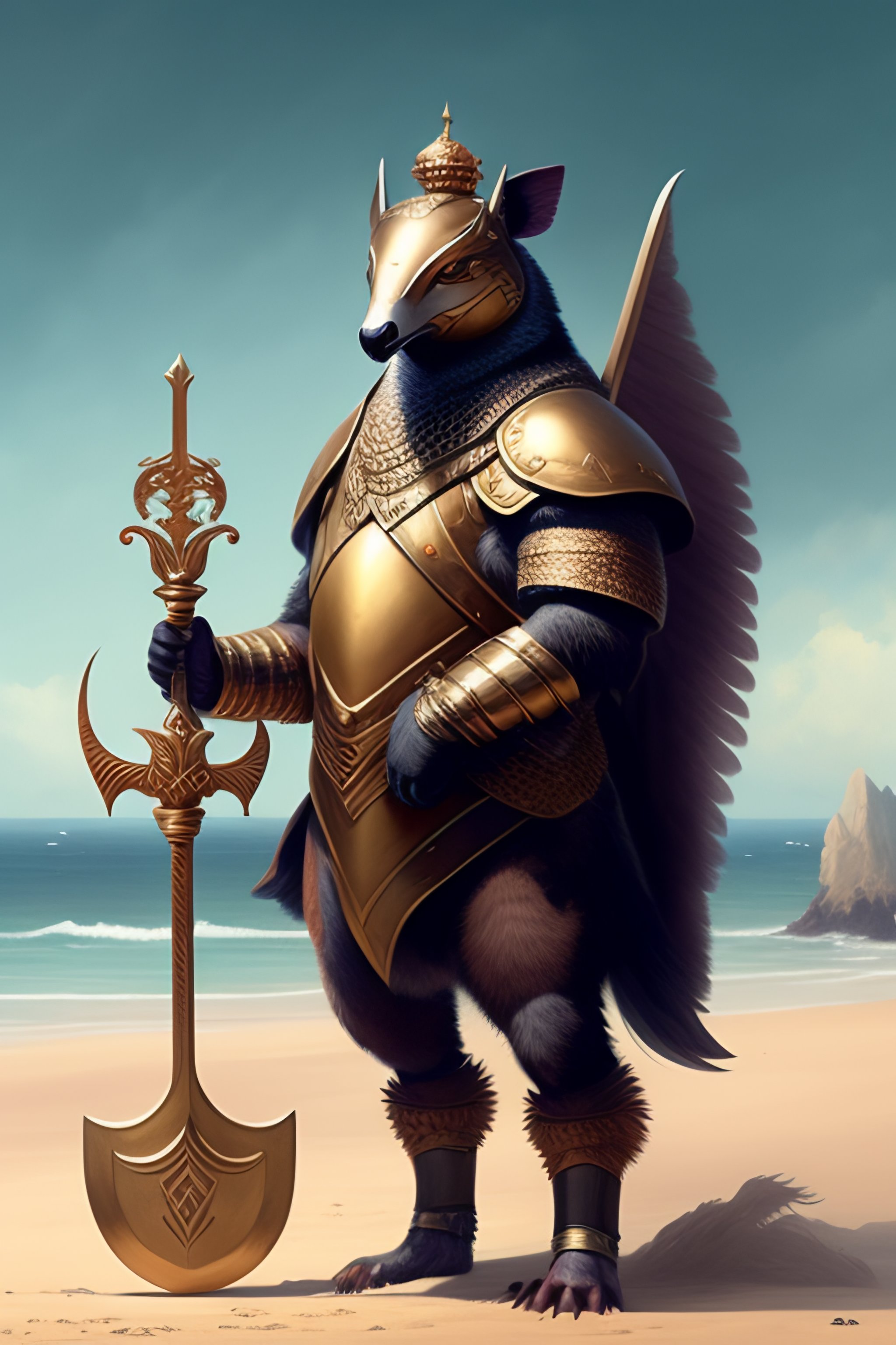 Lexica - Anthropomorphic pangolin creature with 4 arms, holding trident ...