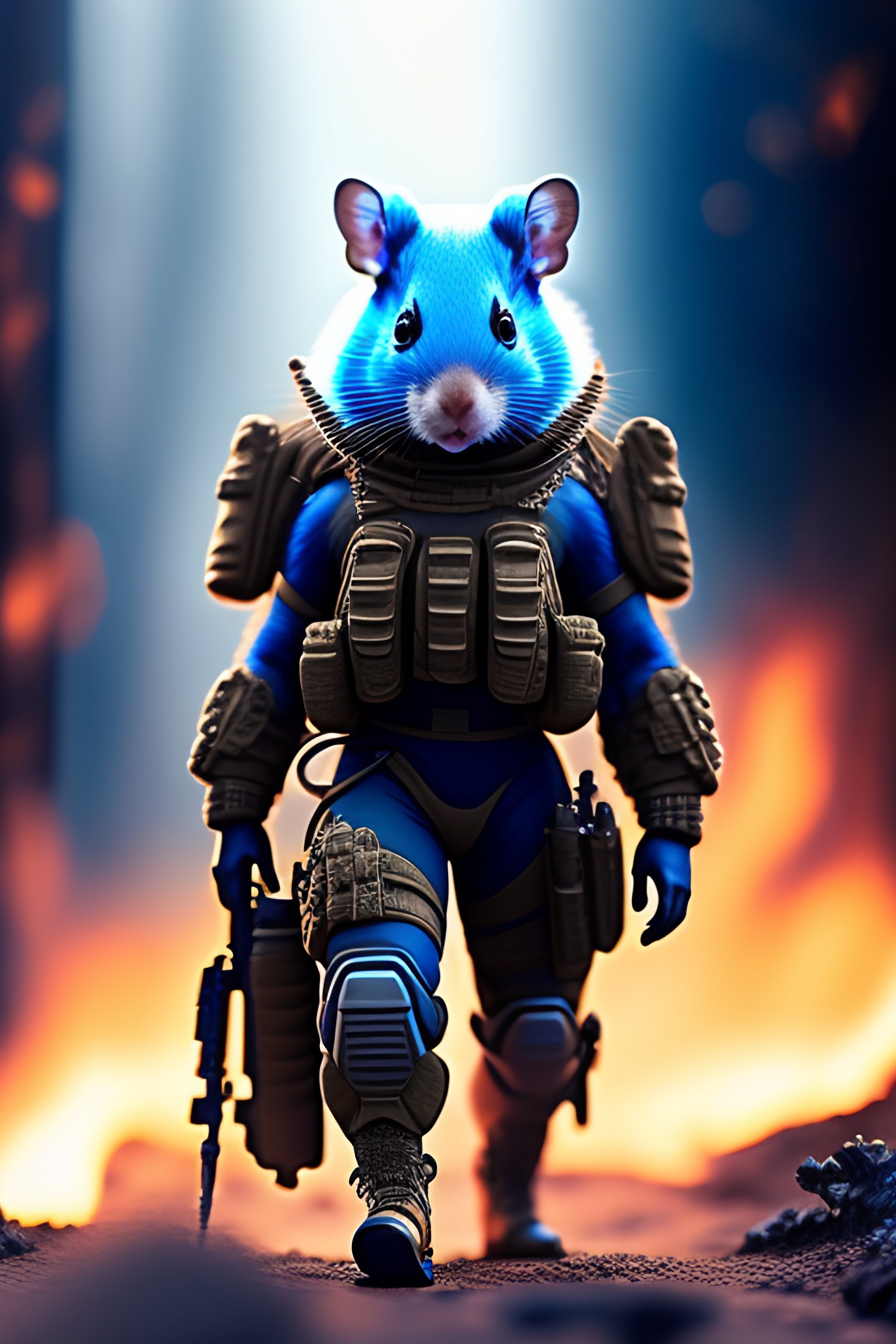 Lexica - Anthropomorphic blue hamster cyber warrior in a burnt land ...