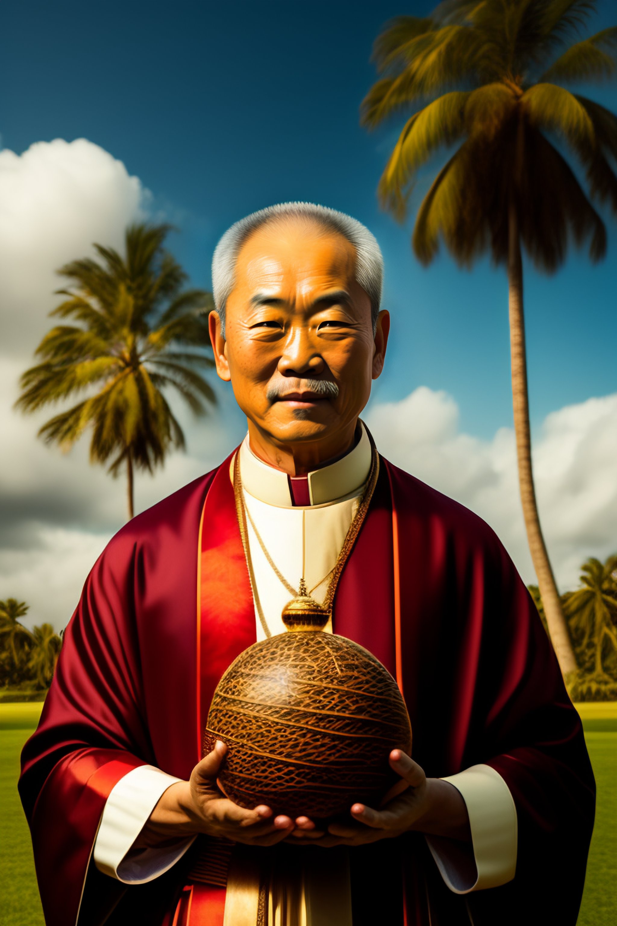 Lexica - Portrait of an Asian priest with a coconut in front of a palm tree