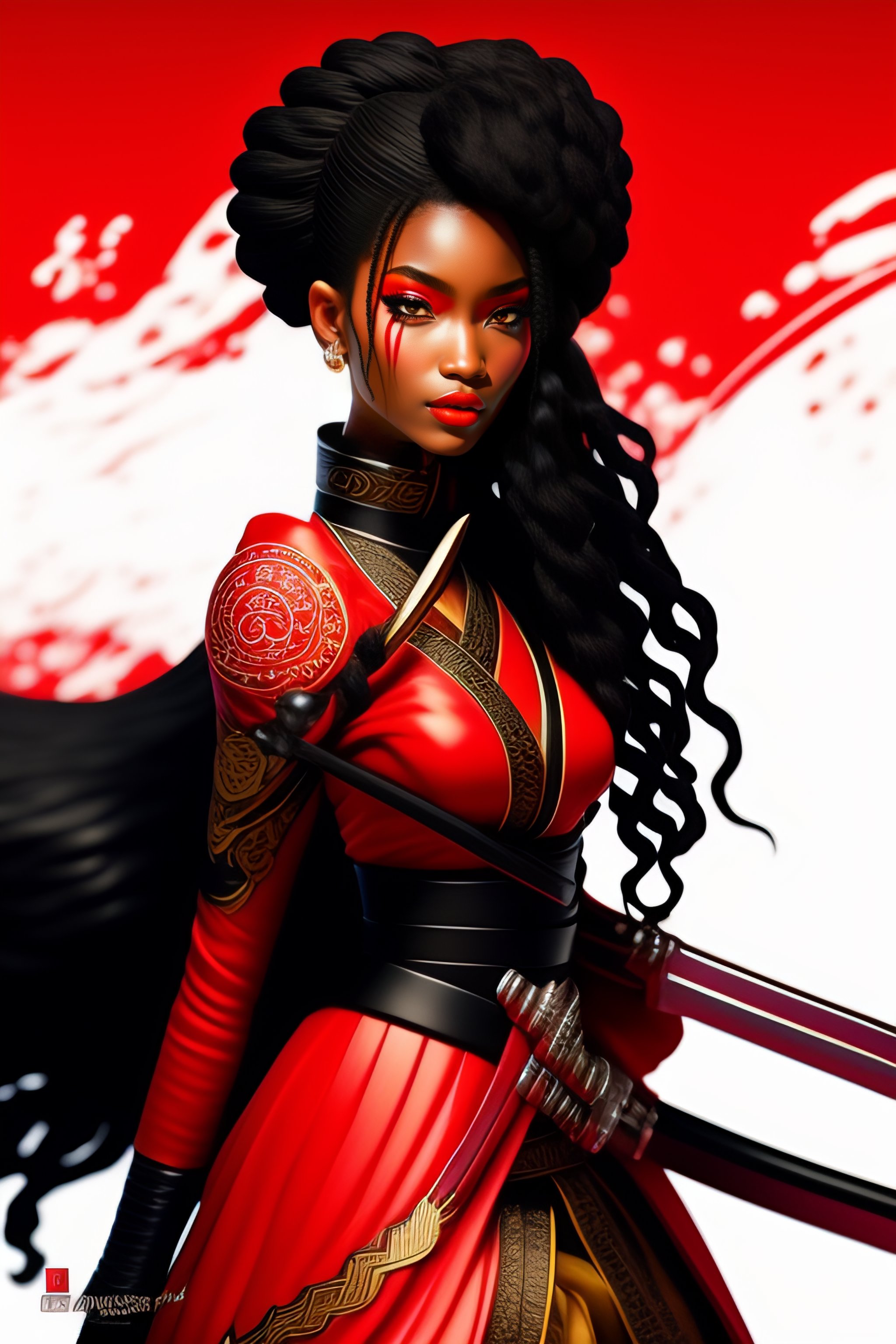 Lexica - Afro samourai girl with japanese embroidered dress ,red lips ...