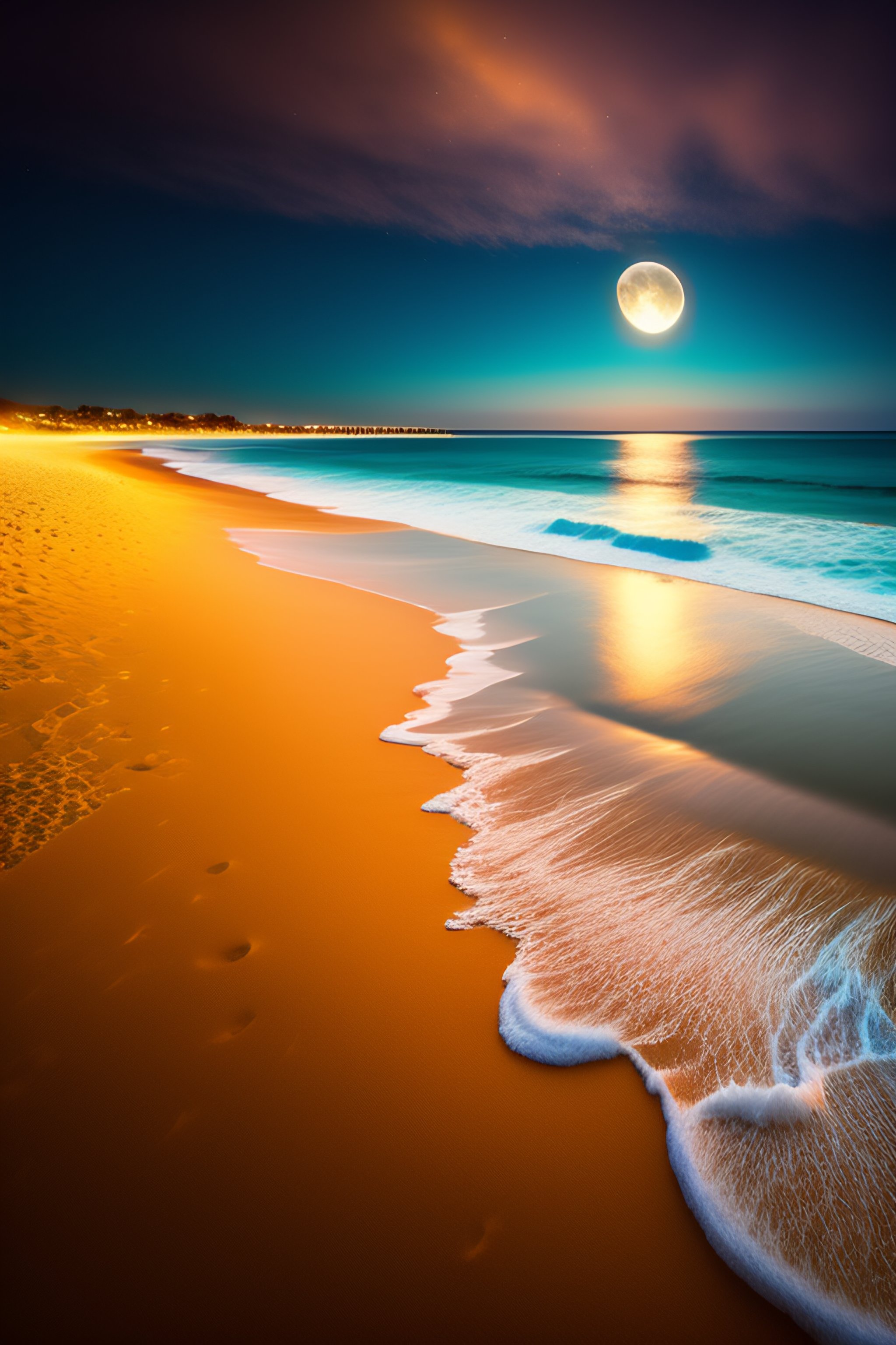 Lexica - A gold sand beach, at night, full moon, crystal clear water