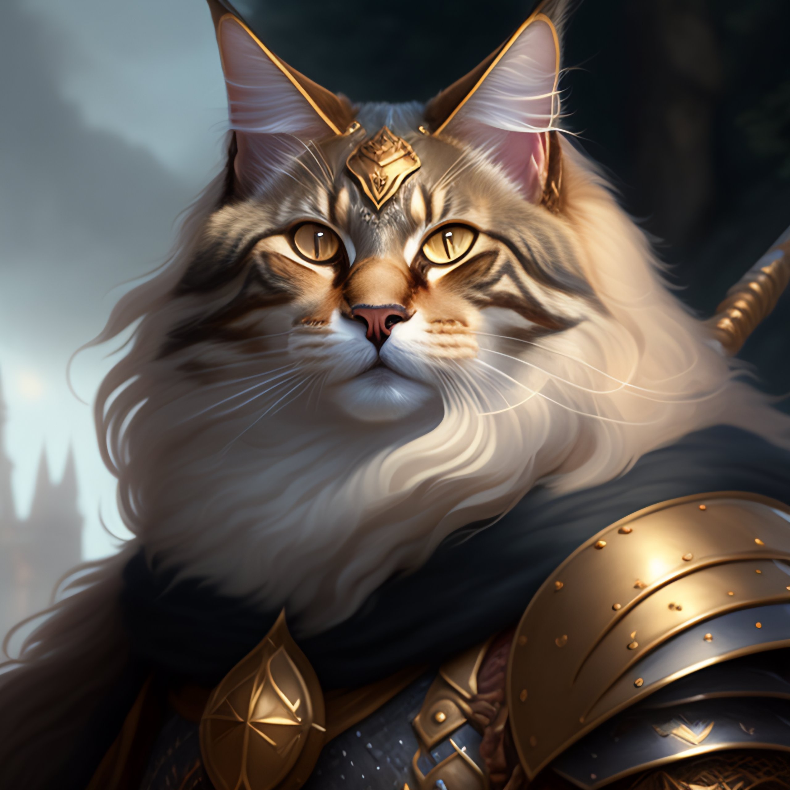 Lexica - A detailed portrait of mainecoon cat in armor with long magic ...