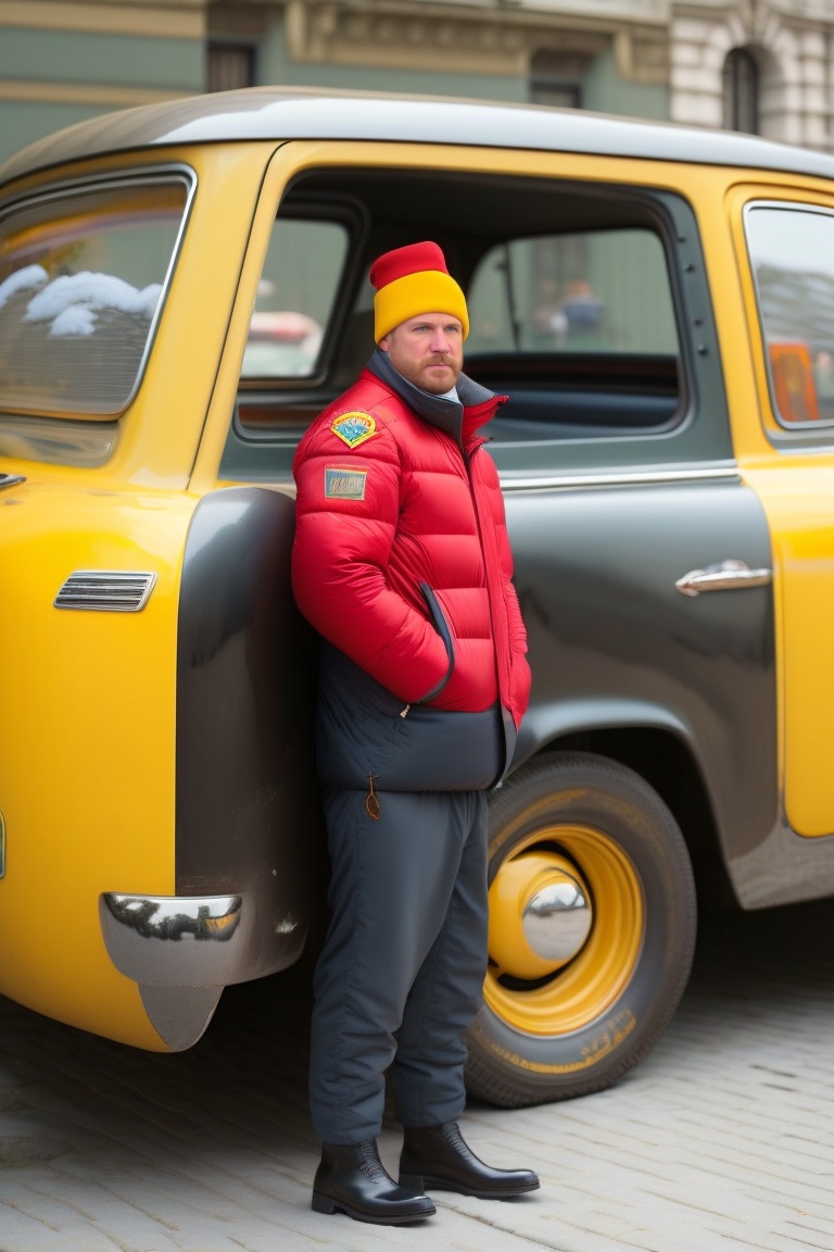 Lexica - A Russian taxi driver stands by his yellow car, which has a ...