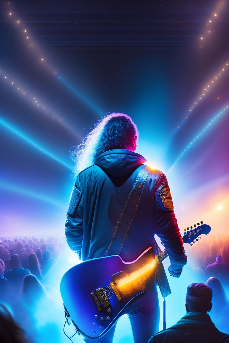 Lexica - A rockstar with a burning guitar on back, standing on a stage ...