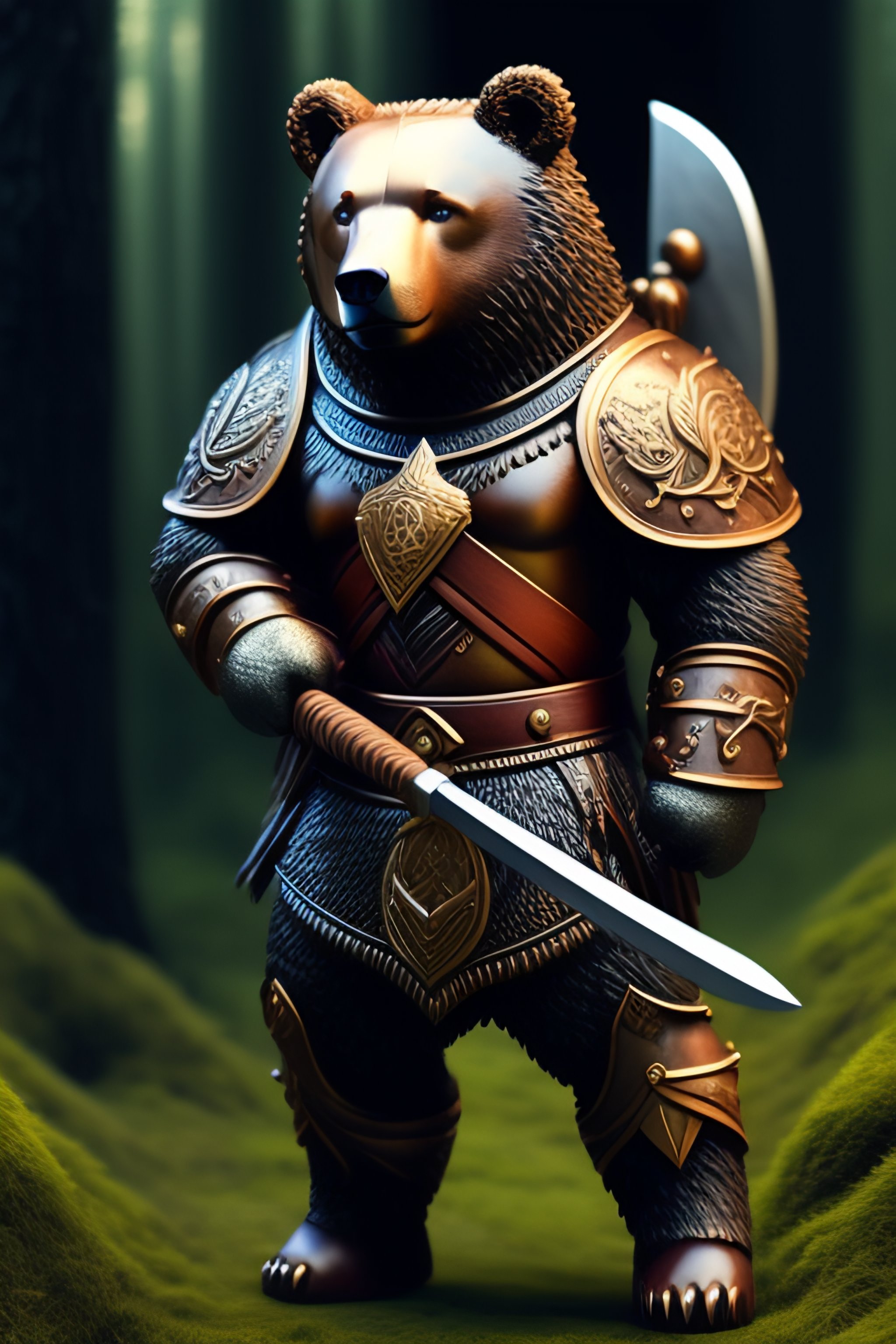Lexica - A warrior bear with armour and an axe in the forest standing