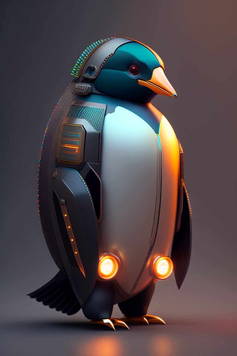 Lexica - Mechanical penguin, cyberpunk, 3d