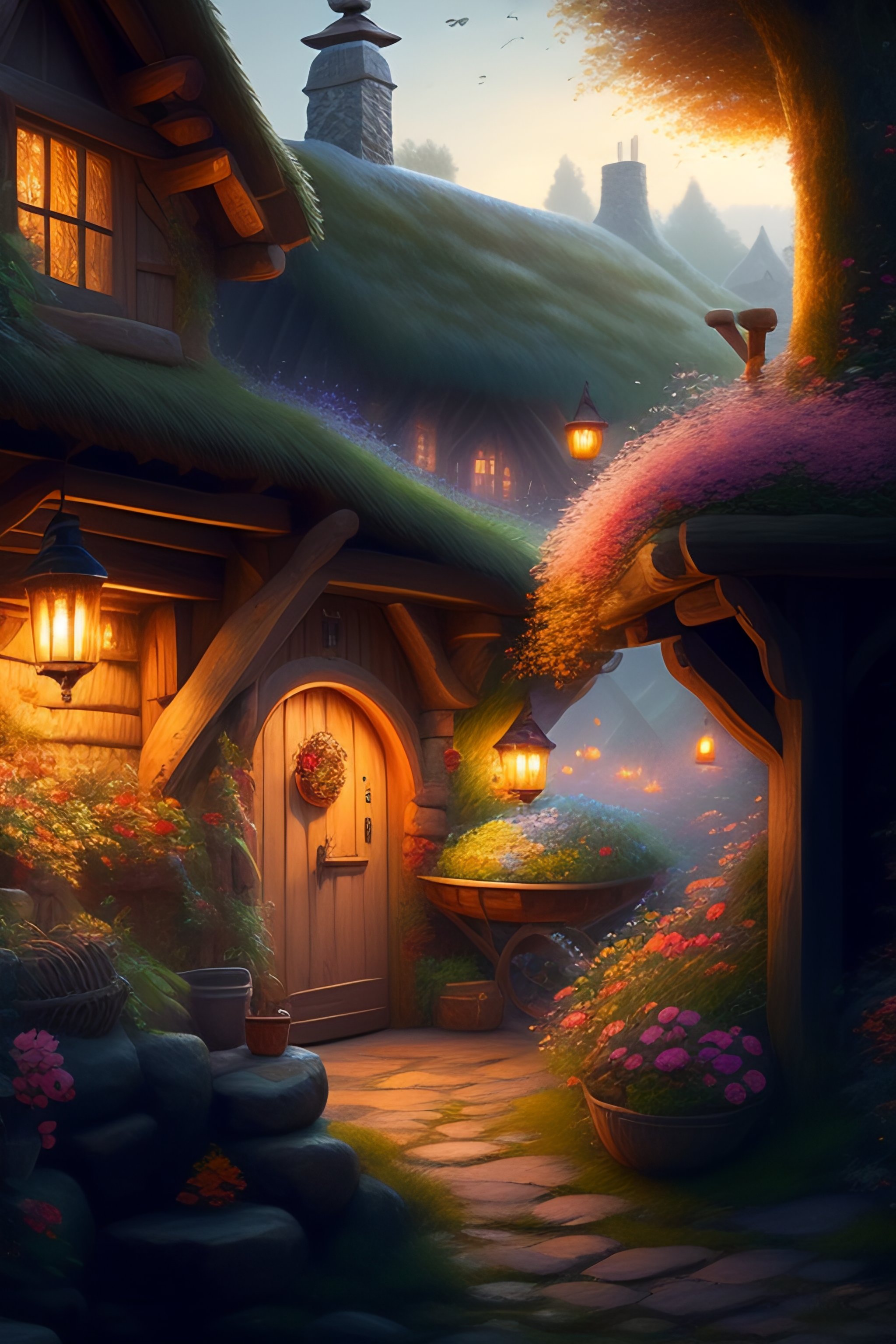 Lexica - Hobbit village, market, flowers, trees, crowded, peaceful ...