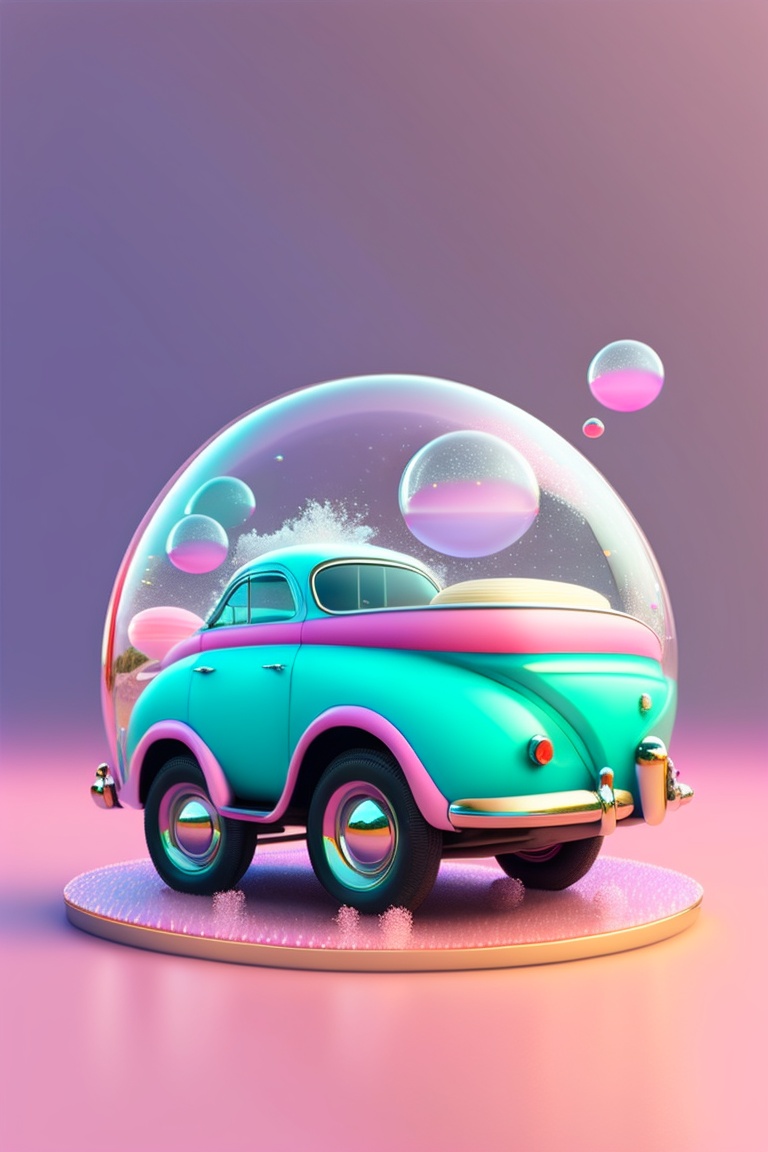 Lexica - Old car in a big pink bubble coming out of a water floor surrounded by lots of other ...
