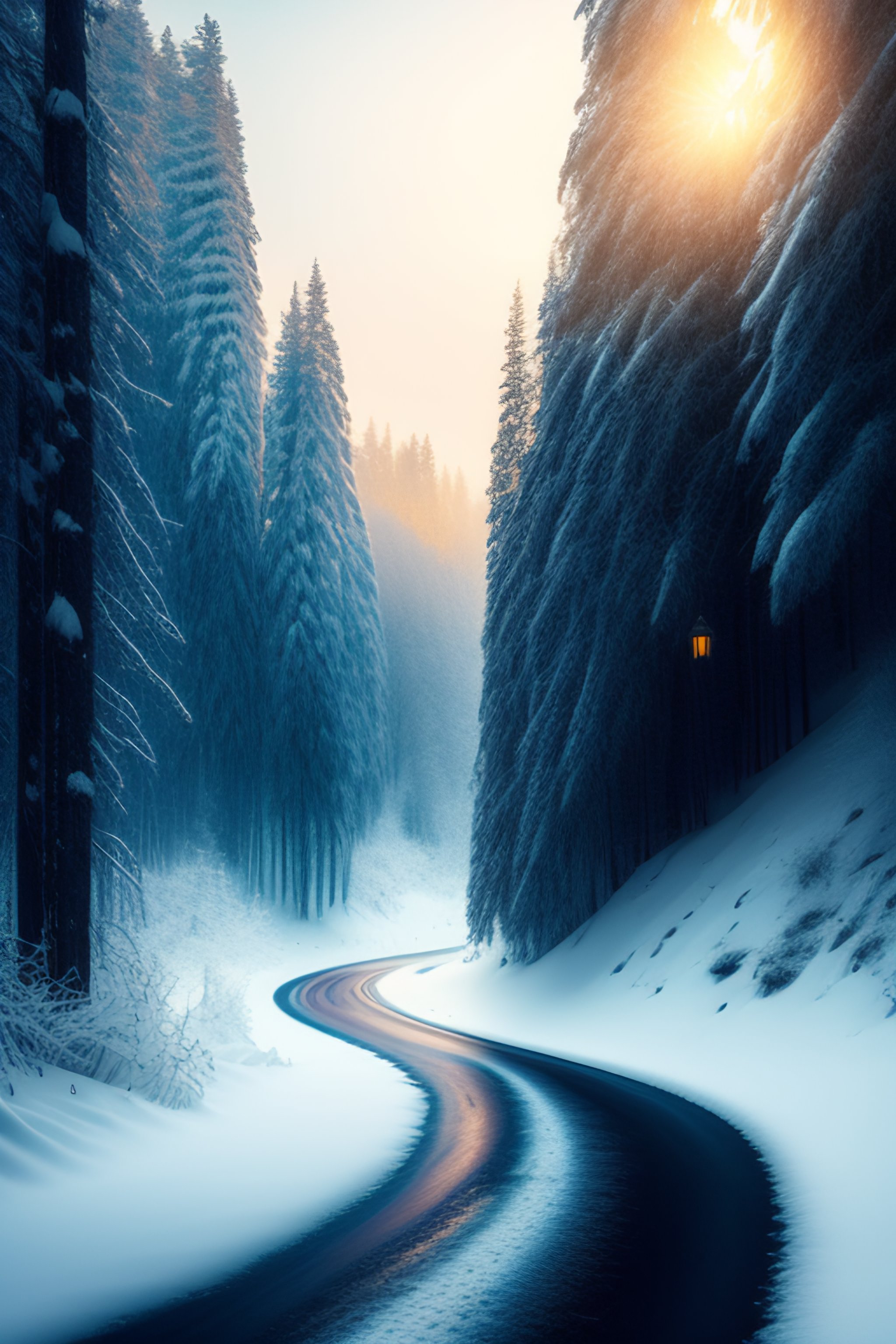 Lexica - Wavy road through a snowy forest. It snows, it's December.