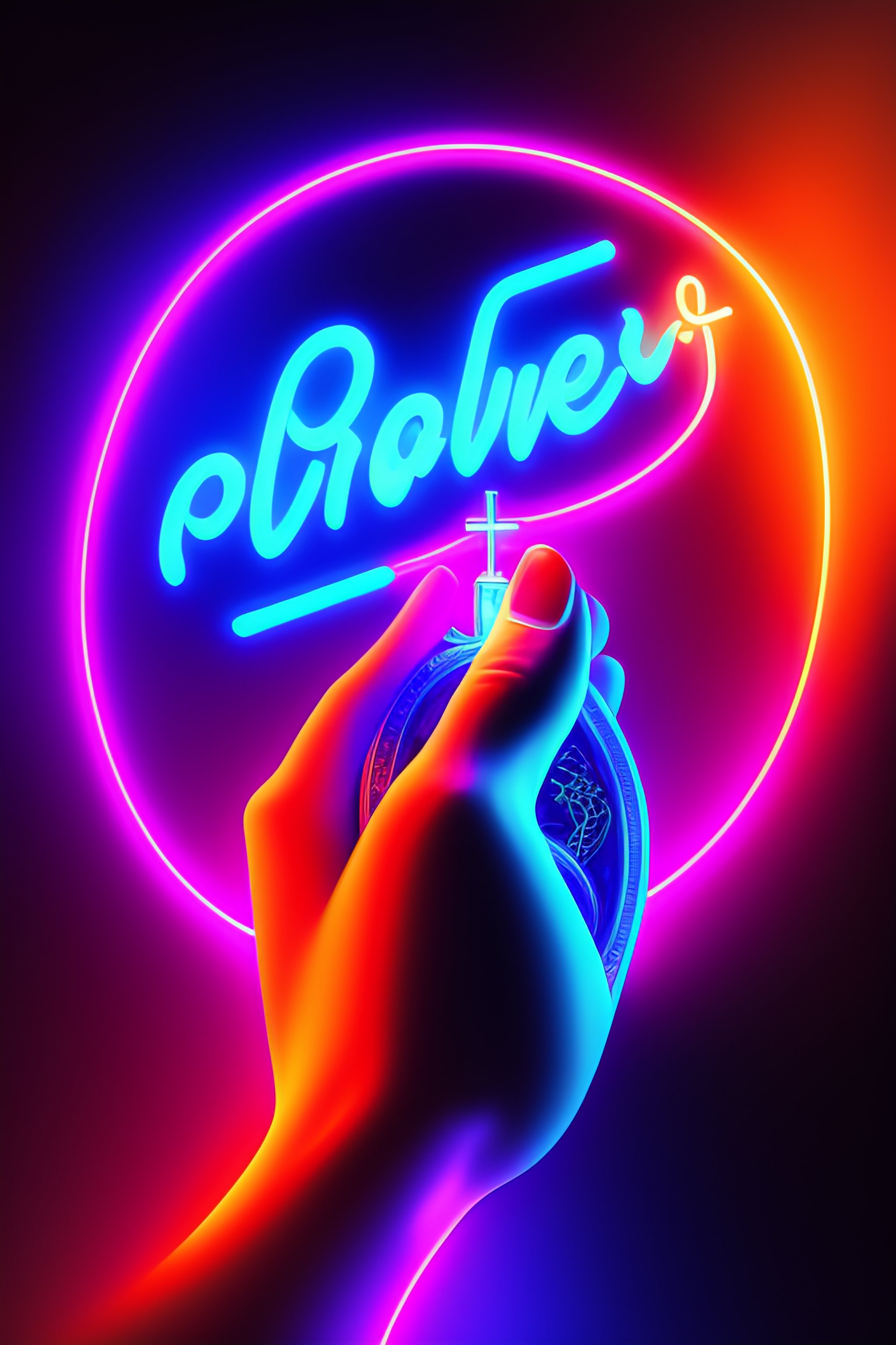 Lexica - Synthwave of a rosary on hand praying Neon lights