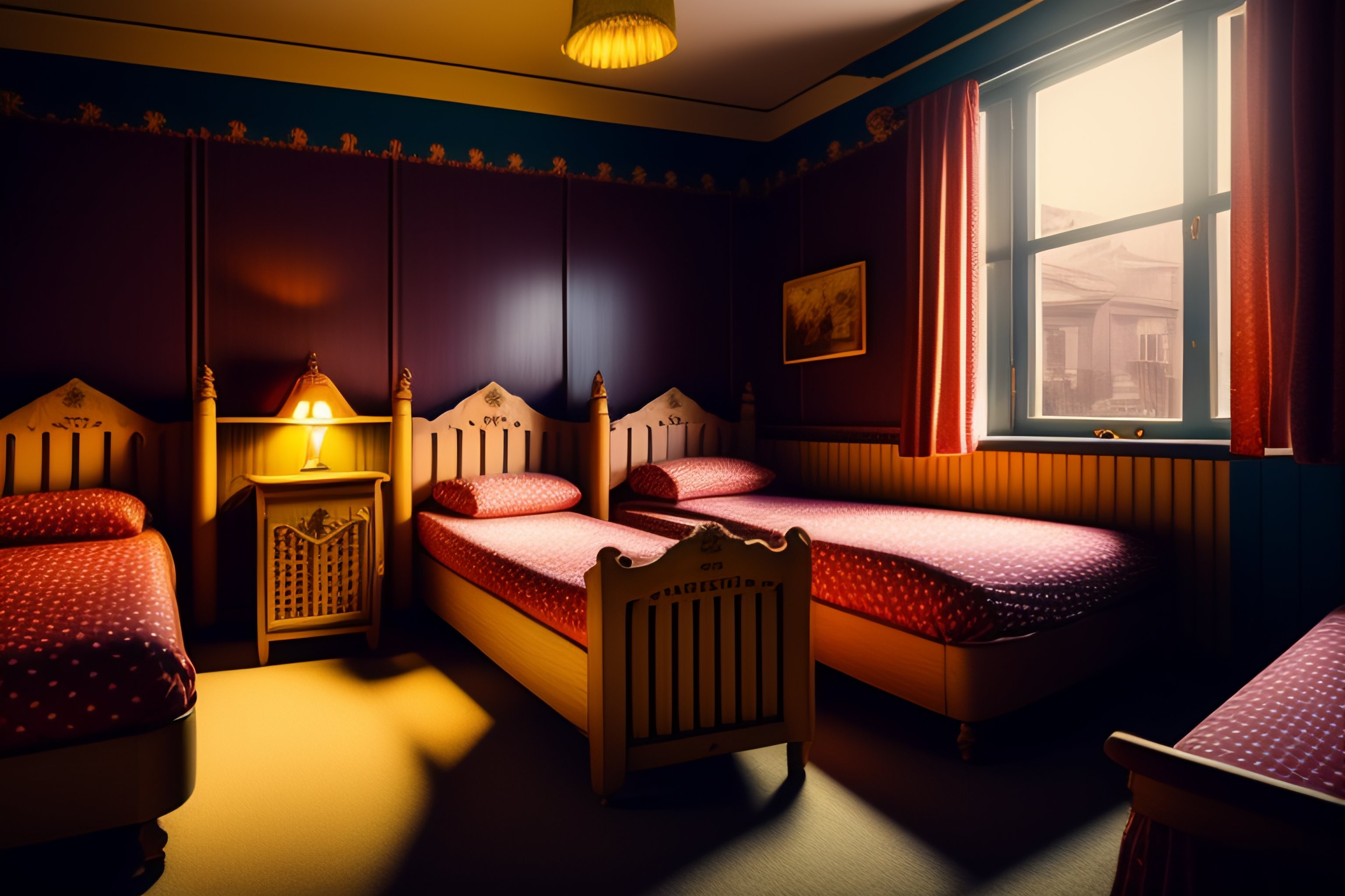 Lexica - A 50s vintage old orphanage wooden dormitory with beds, trunks ...