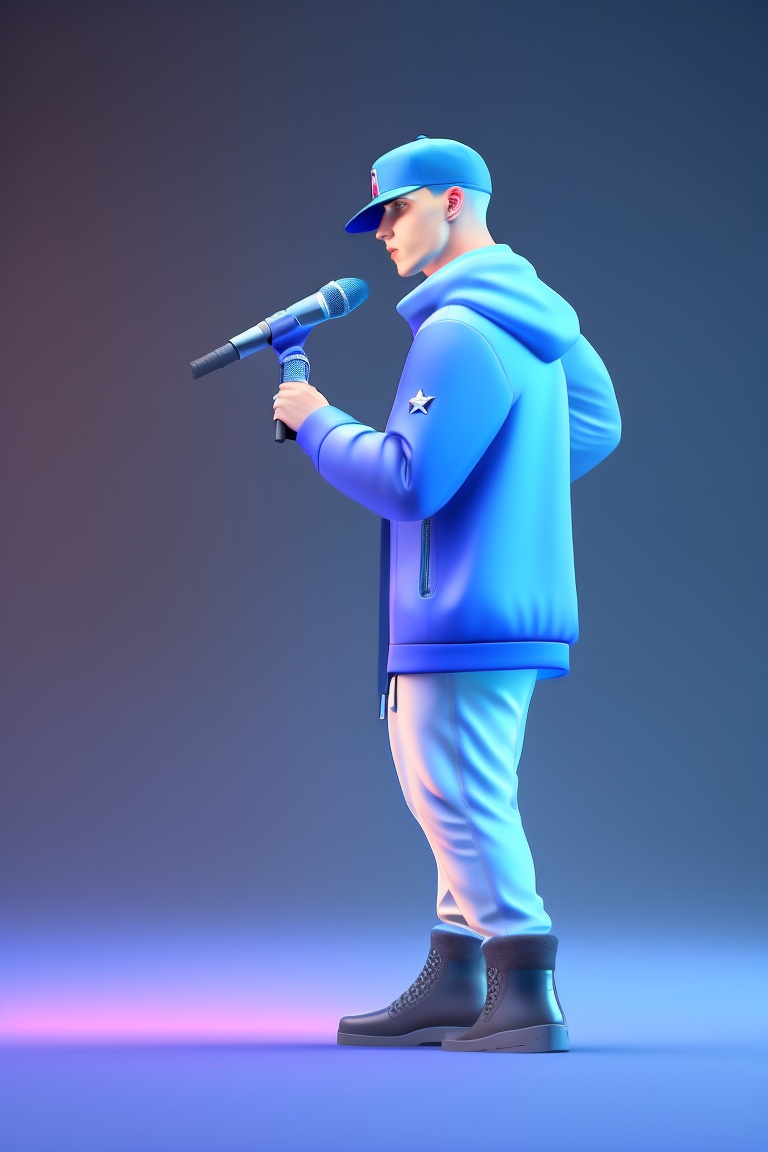 Lexica - Eminem rapper with microphone, 3d render, blue scene