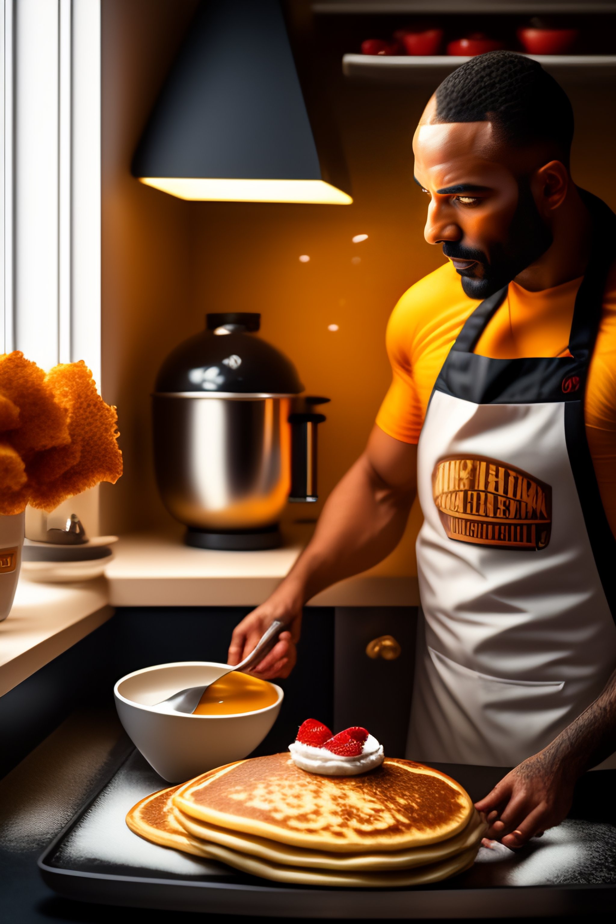 Lexica - Lucifer from Helltaker in the Kitchen making pancakes