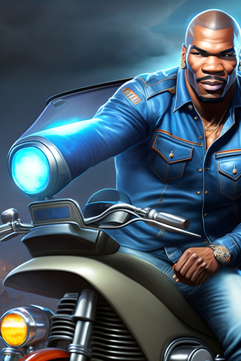 Lexica - Mike Tyson , riding a motorcycle, blue shirt