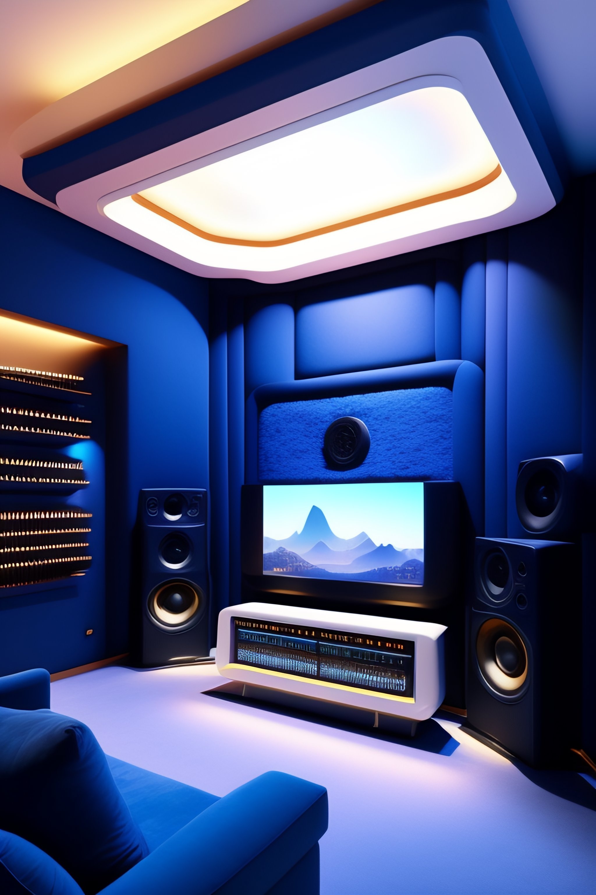 Lexica - Futuristic homey cozy recording studio dark blue interior design