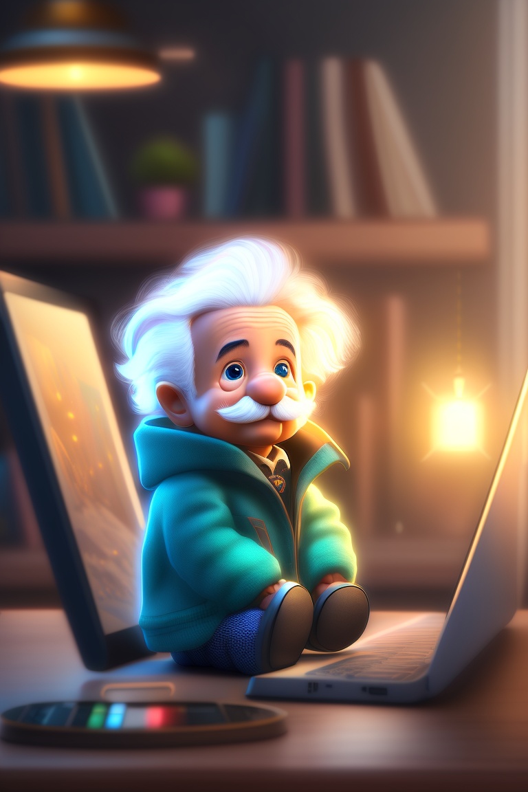 Lexica - Cute small albert einstein sitting in front of laptop, unreal ...