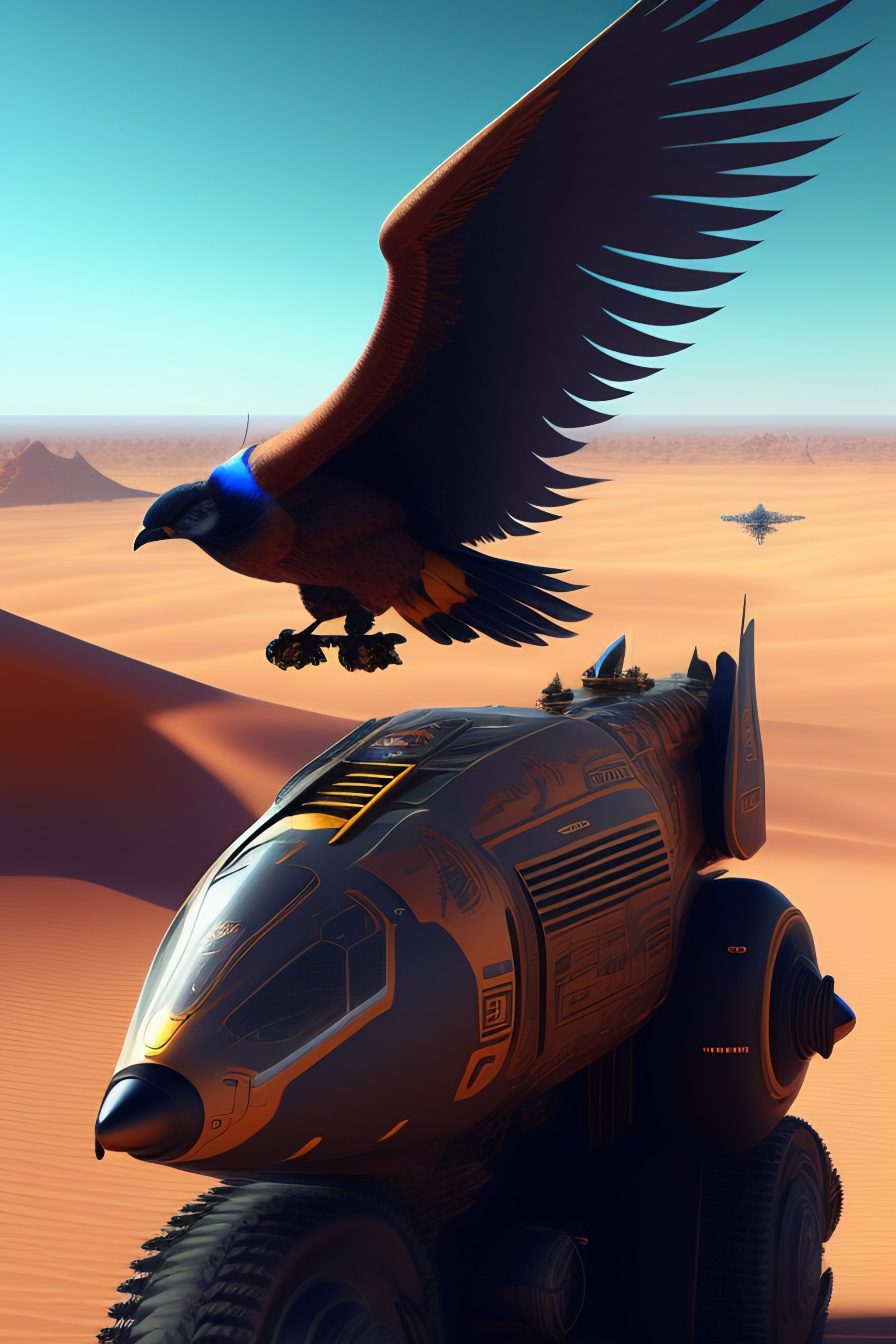 Lexica - Cyberpunk flying hawk through the desert