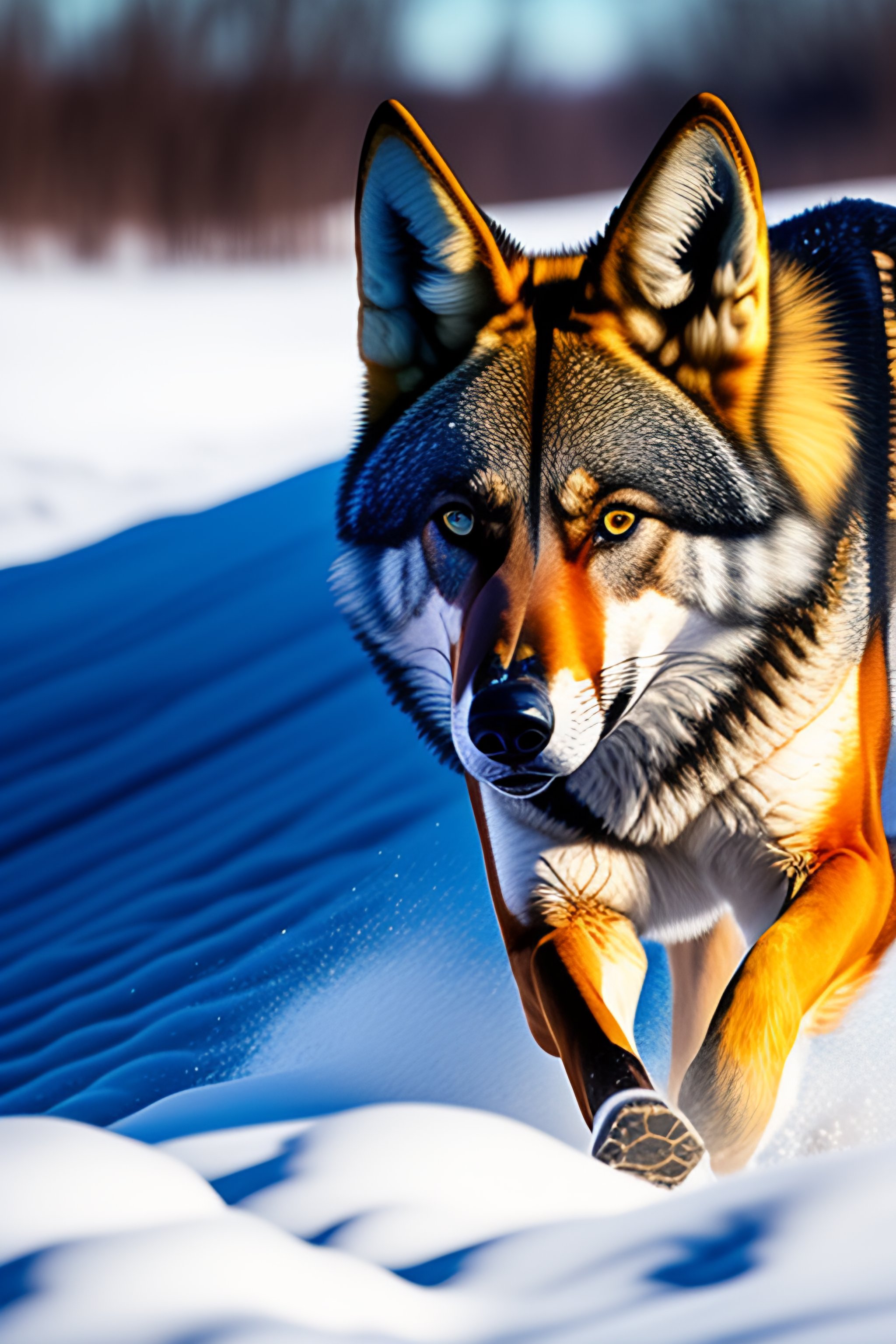 Lexica - A red wolf running on the snow with flowers on his neck