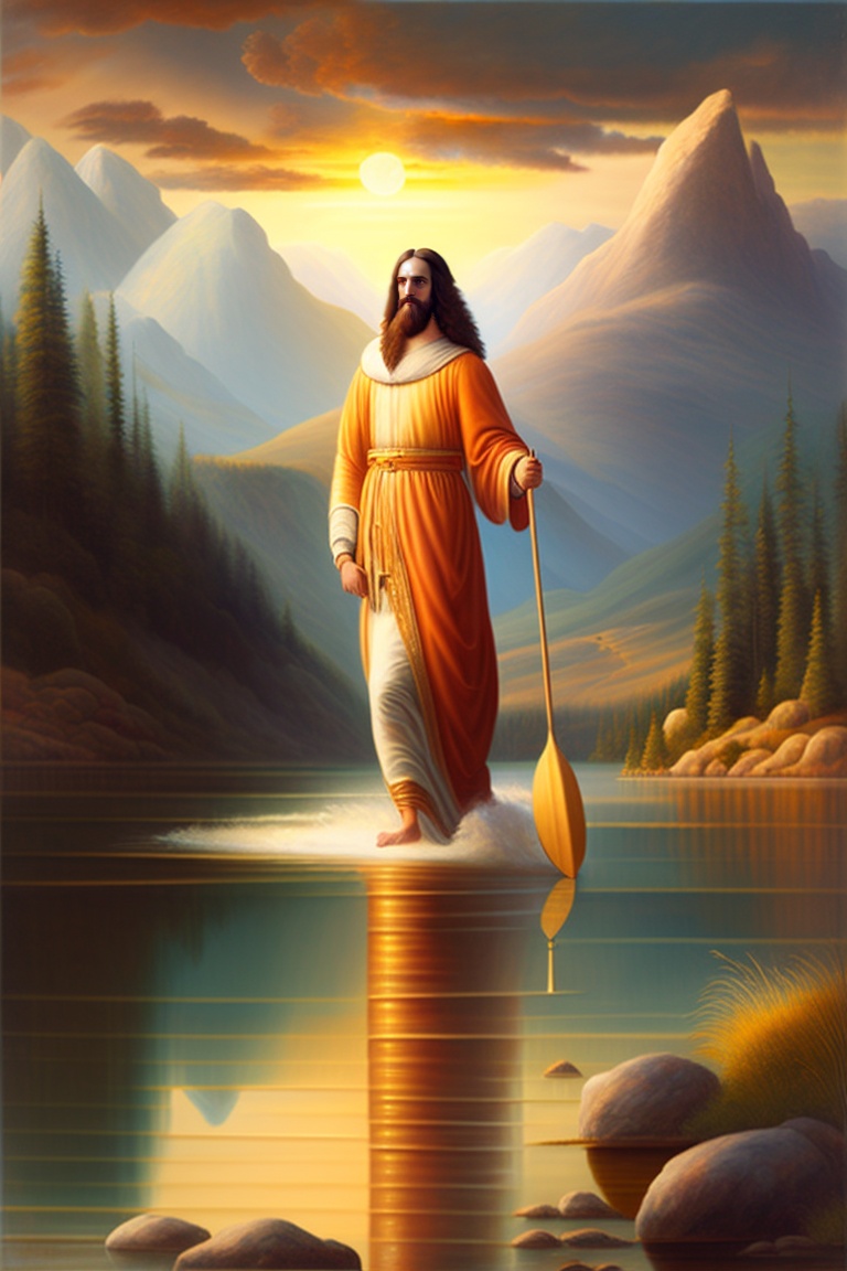 Lexica - Realistic old painting of Jesus walking on a paddle in the ...