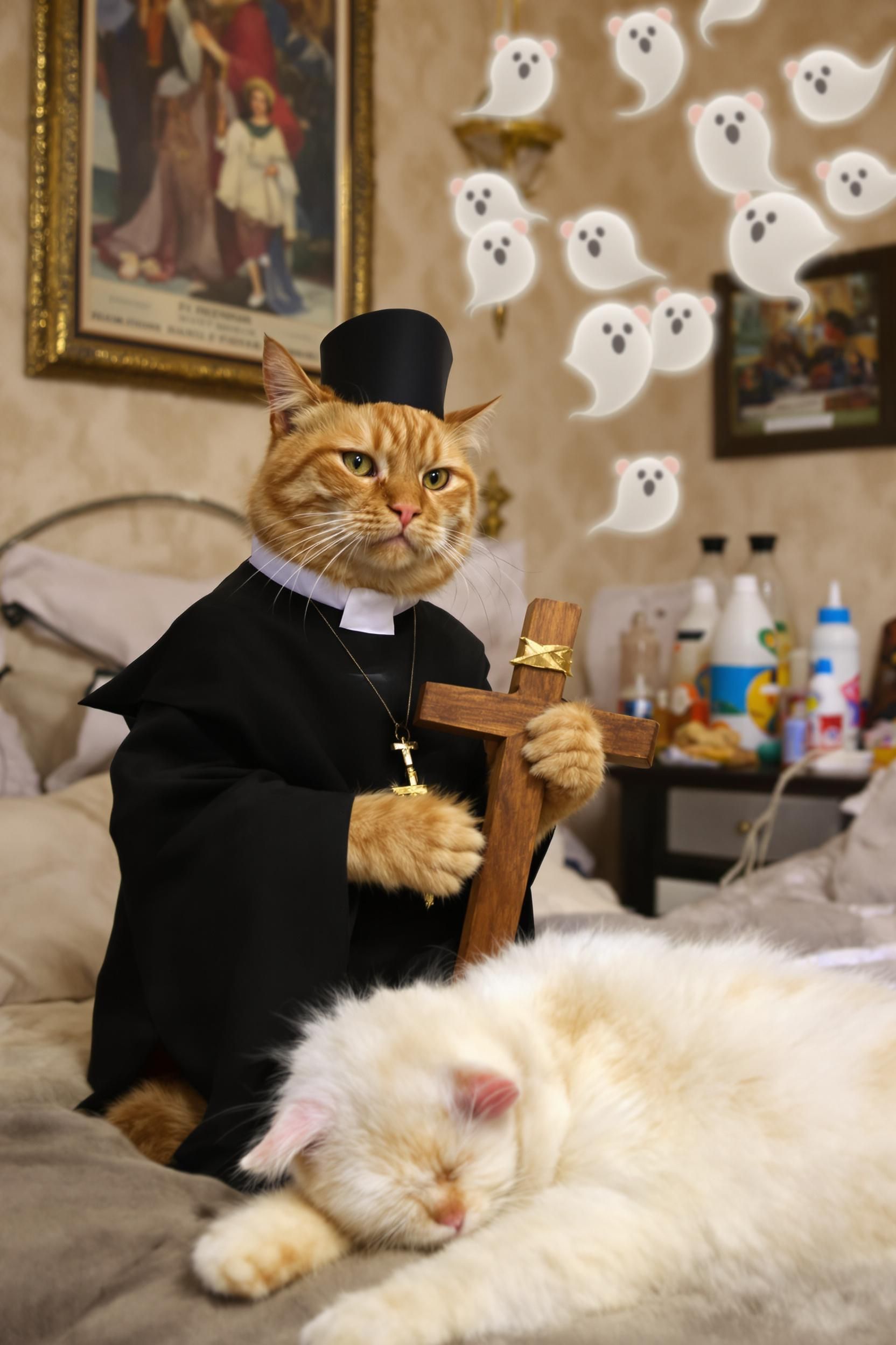 Lexica - An orange cat dressed as a priest standing over a bed holding ...