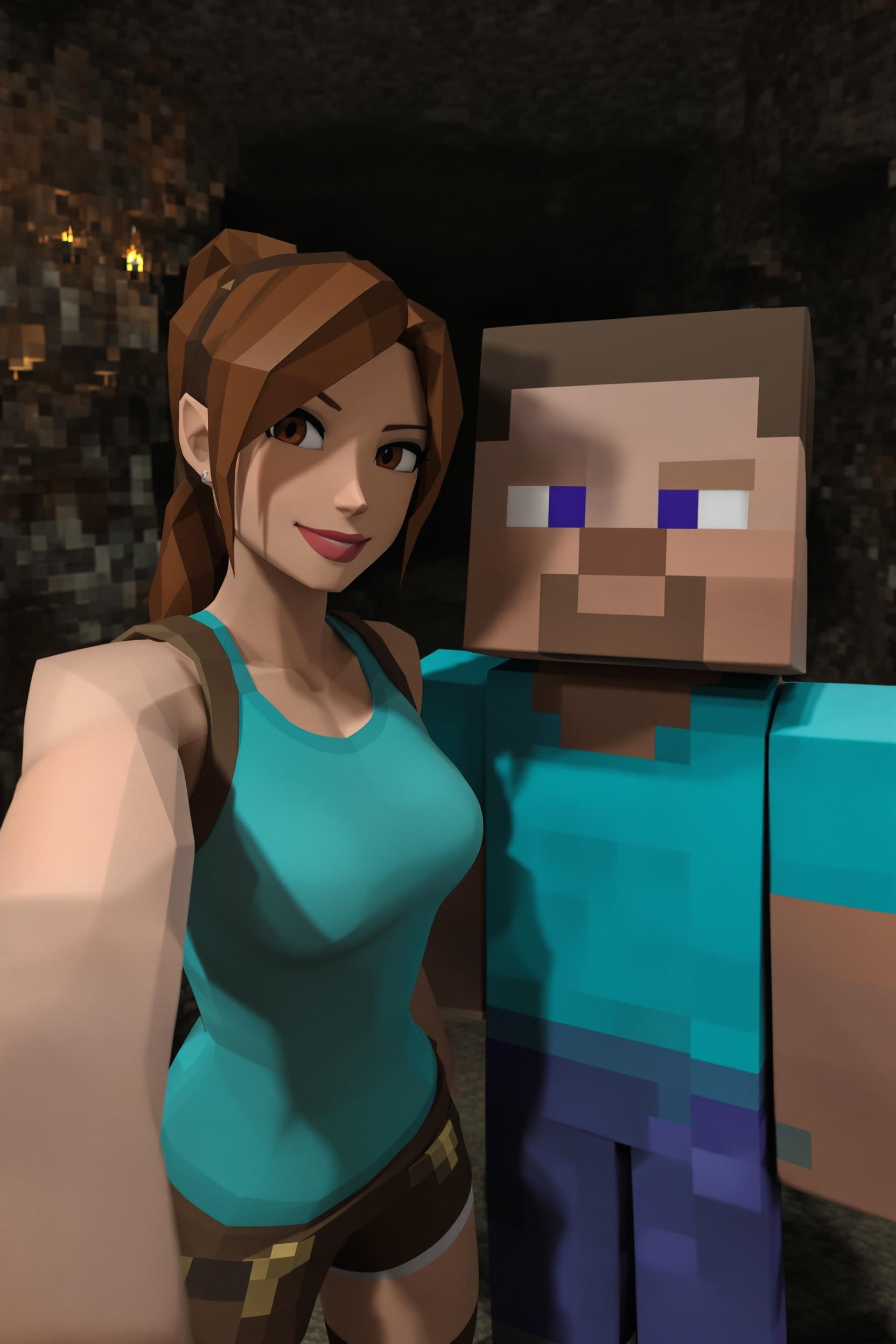 Lexica - A lowpoly lara croft is standing next to a blocky steve from ...