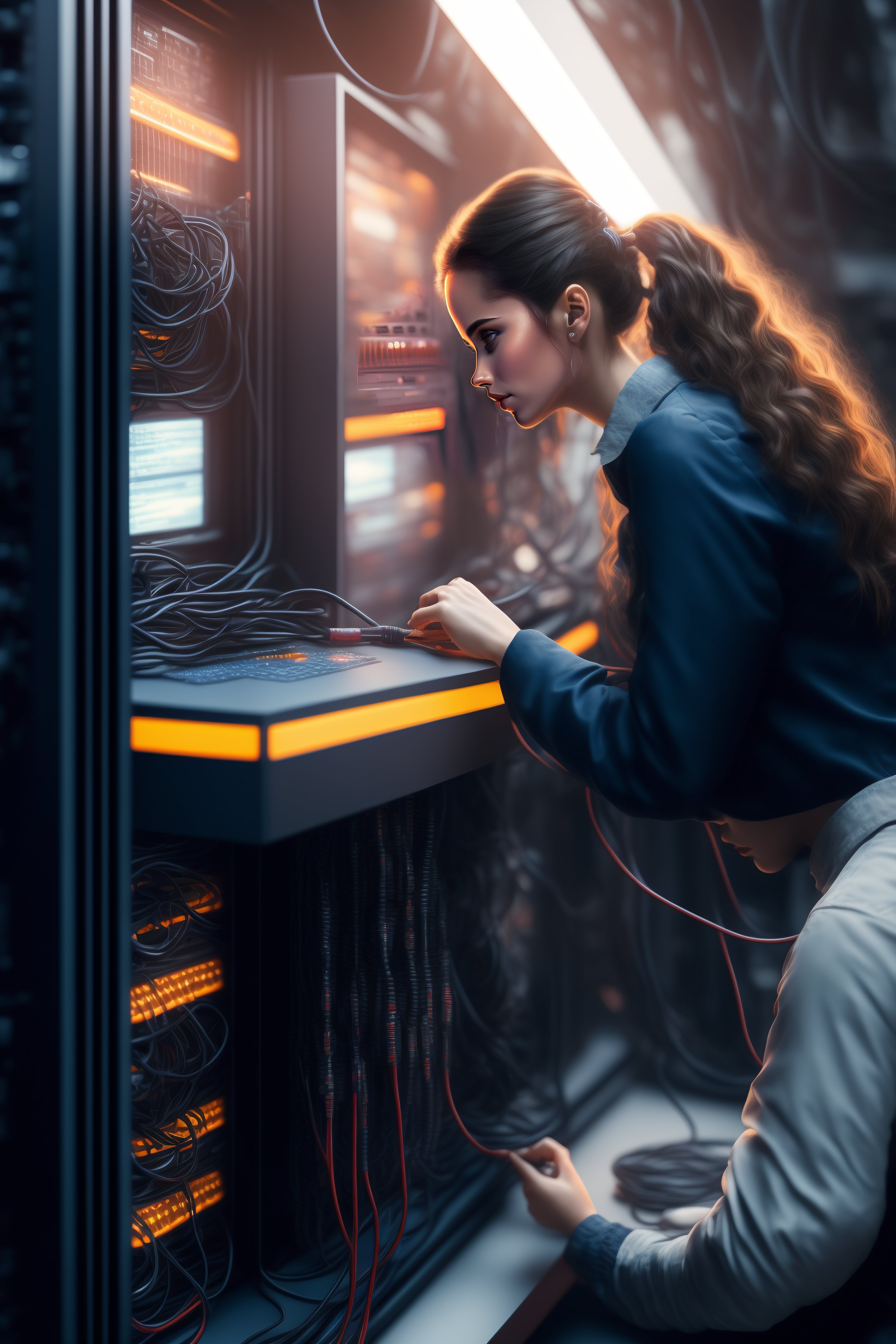 Lexica - Illustration an it guy who is plugging a girl through cables ...