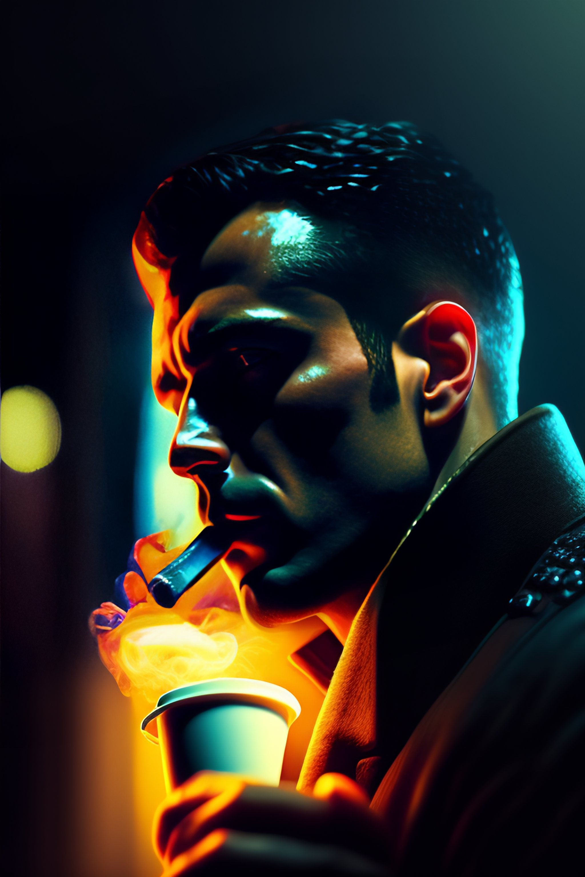 Lexica - A film shot of a detective smoking while drinking his coffee ...