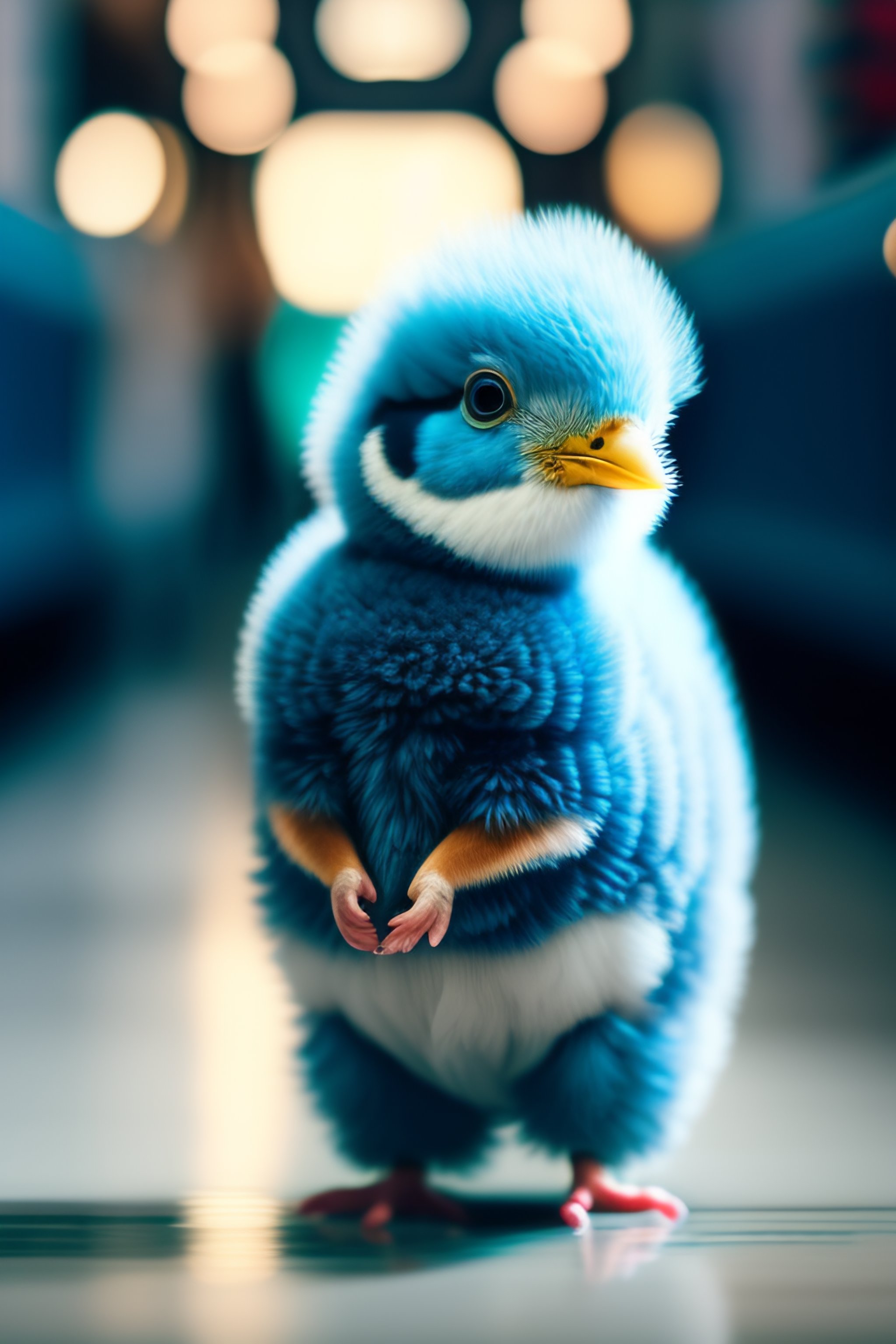 Lexica - A small light blue chick animal walking through a mall aisle ...