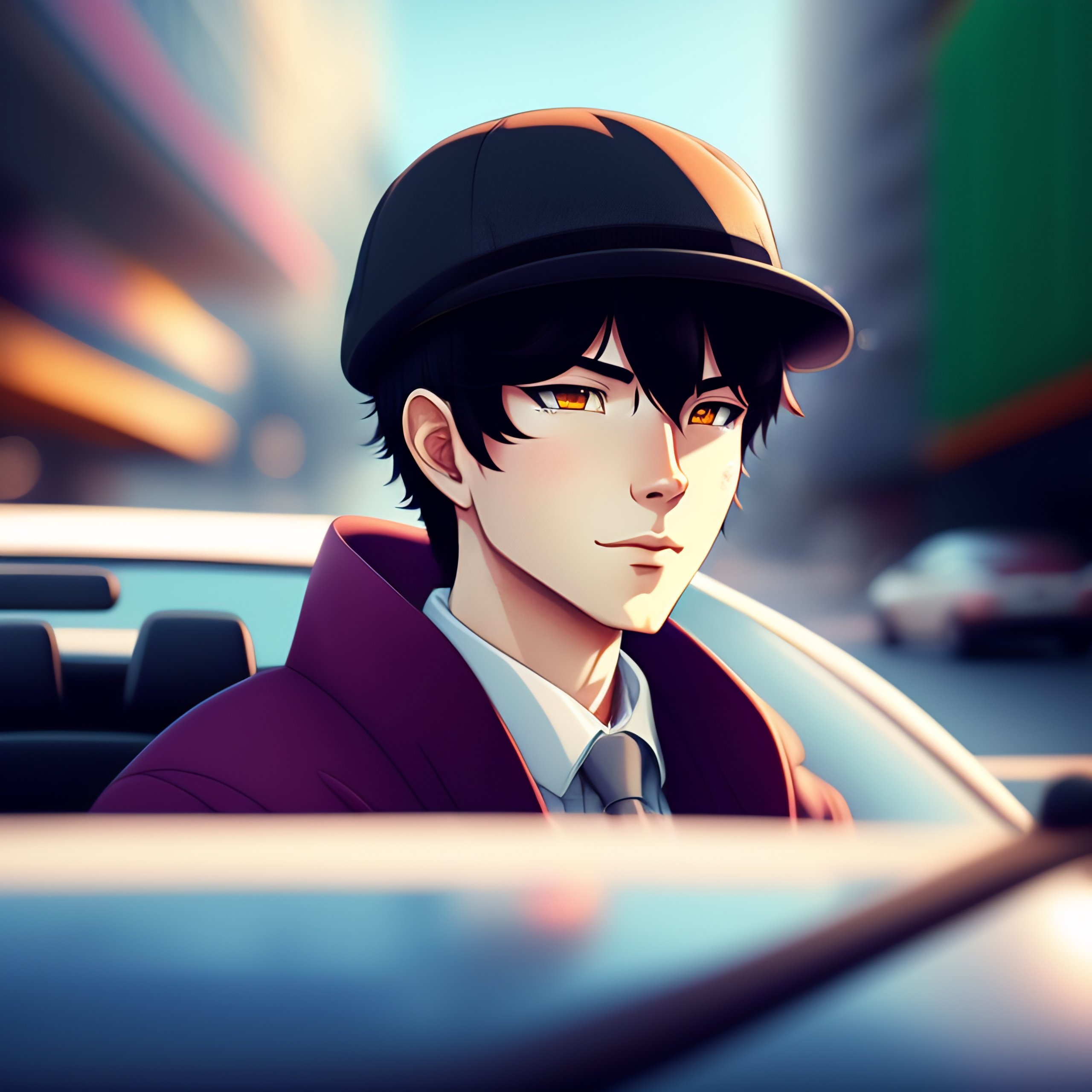 Lexica - An anime style young man driving through the city