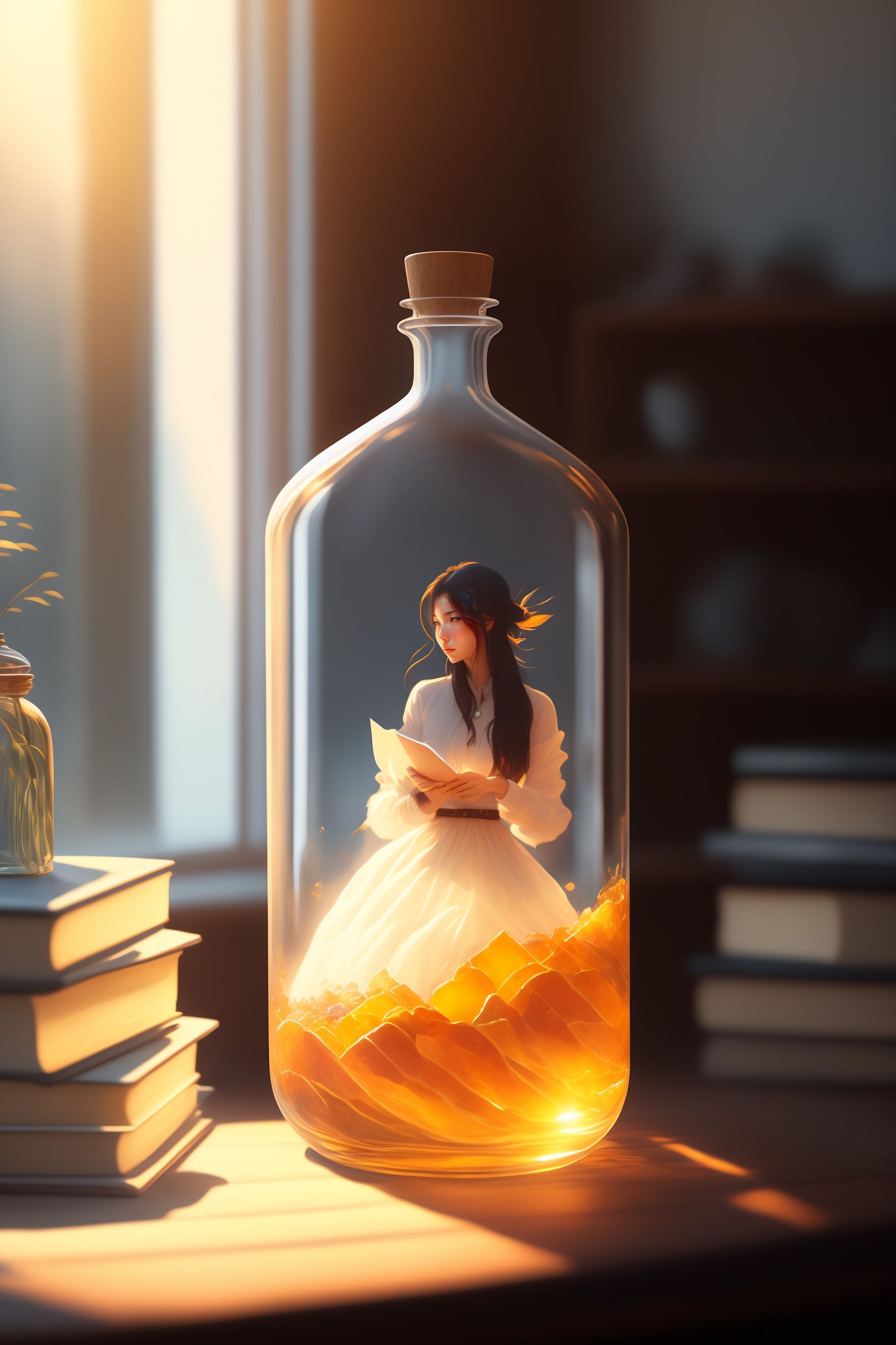 Lexica - A woman inside of a glass bottle on a messy brown table ...