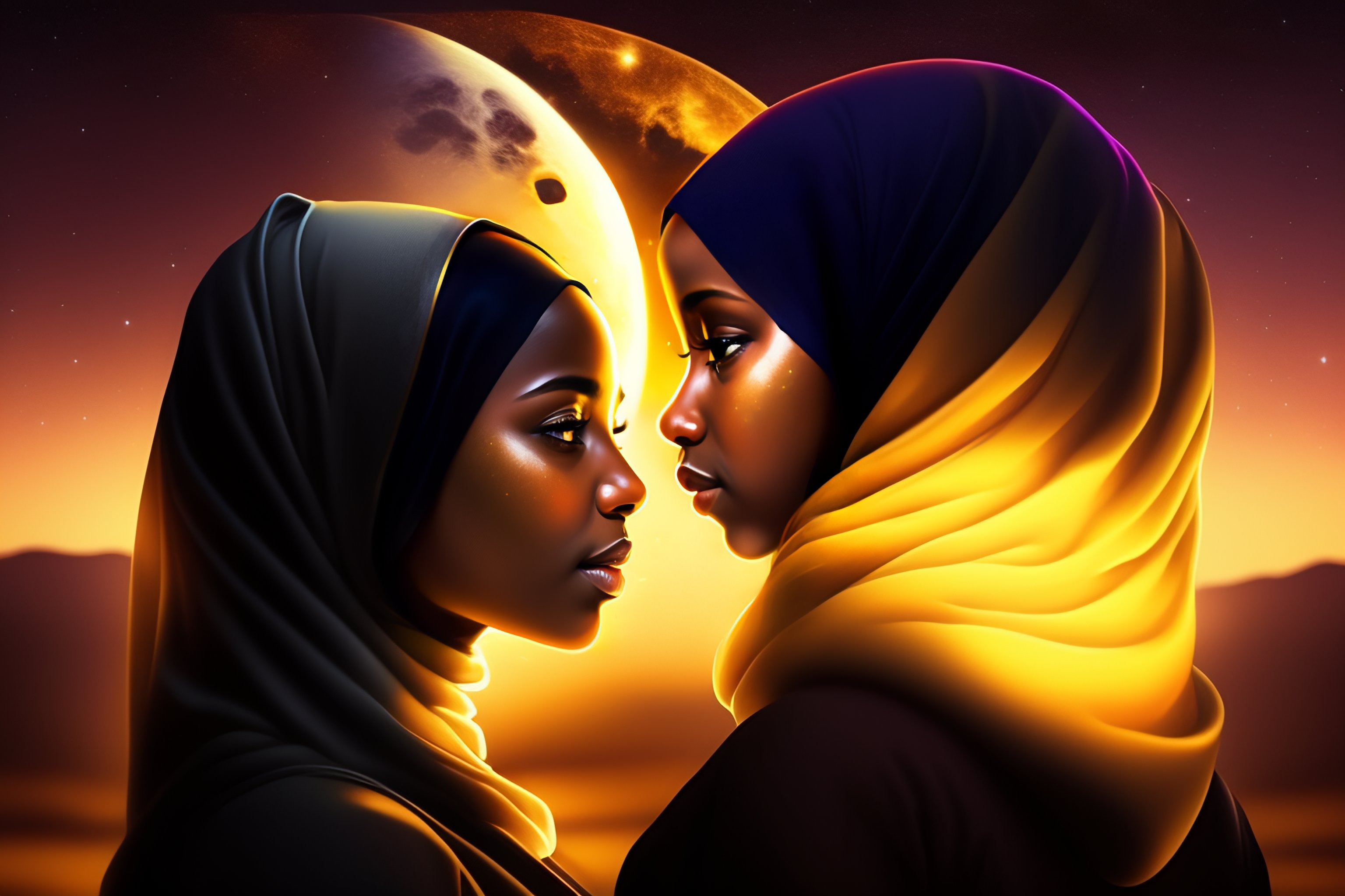 Lexica - Black muslima with golden hijab looks at the crescent moon in ...