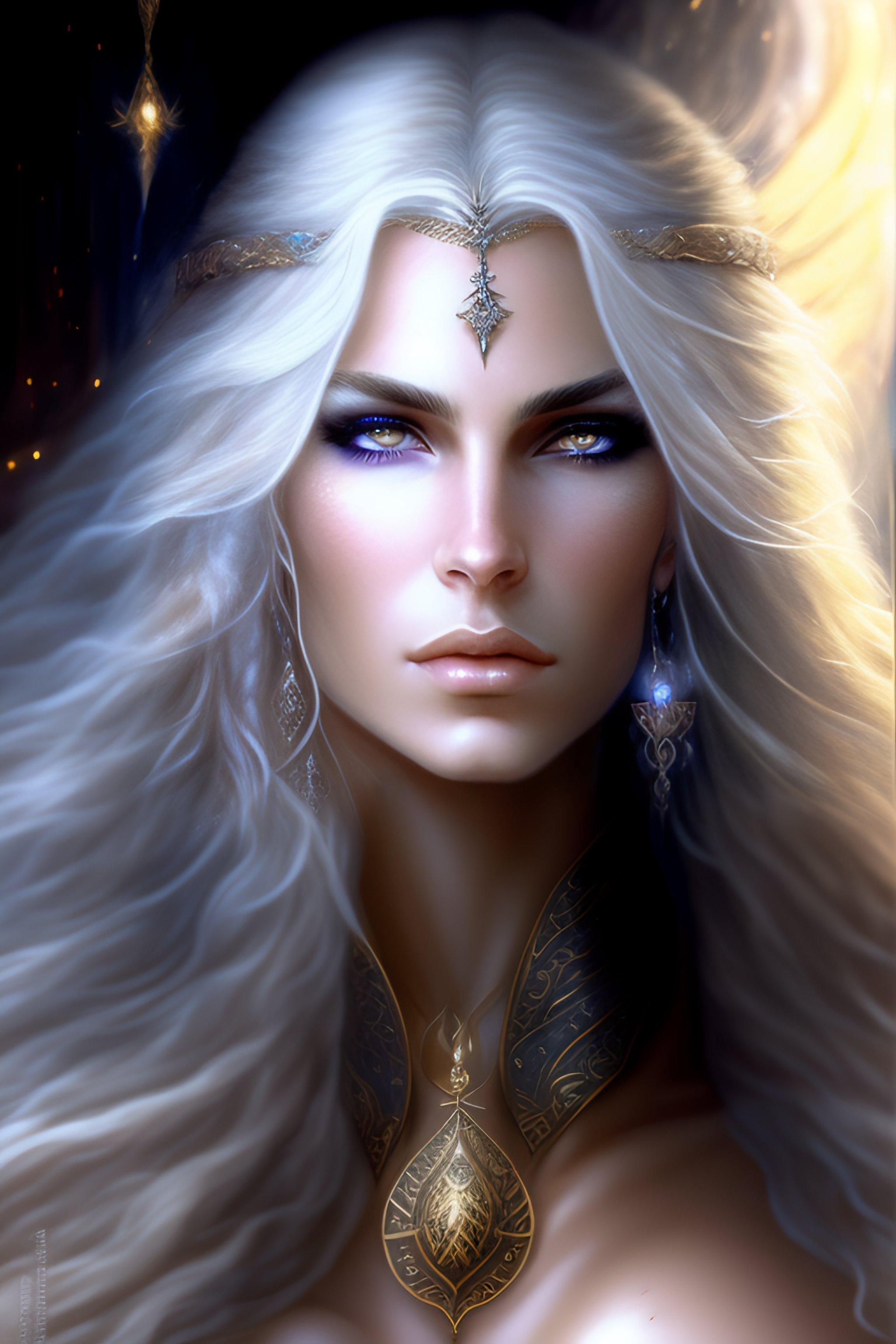 Lexica - Female, mage godess with long white hair, art by luis royo, sorcerer, shaved temple ...