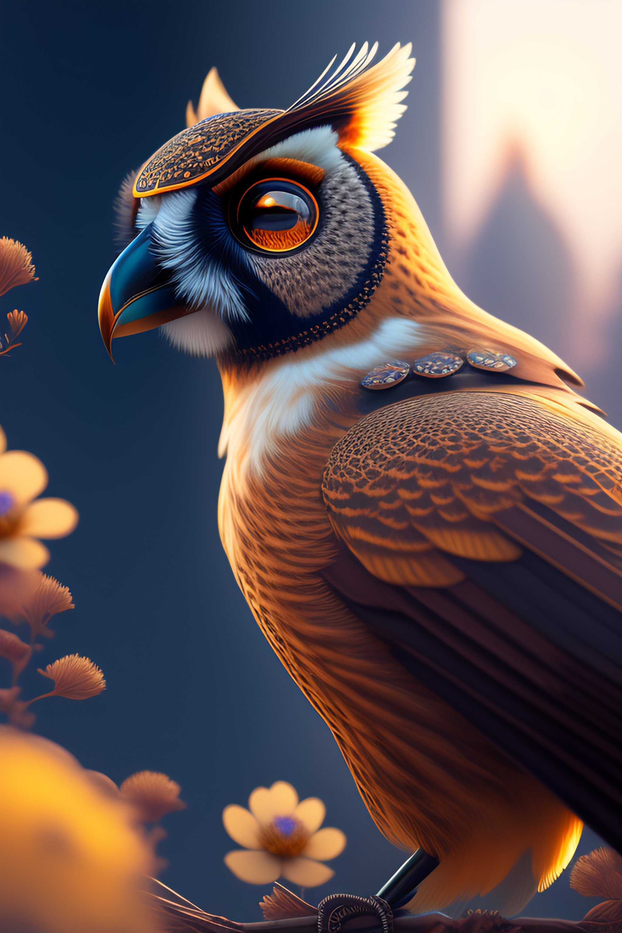 Lexica - Symmetry!! portrait of a hybrid robot bird owl, floral ...