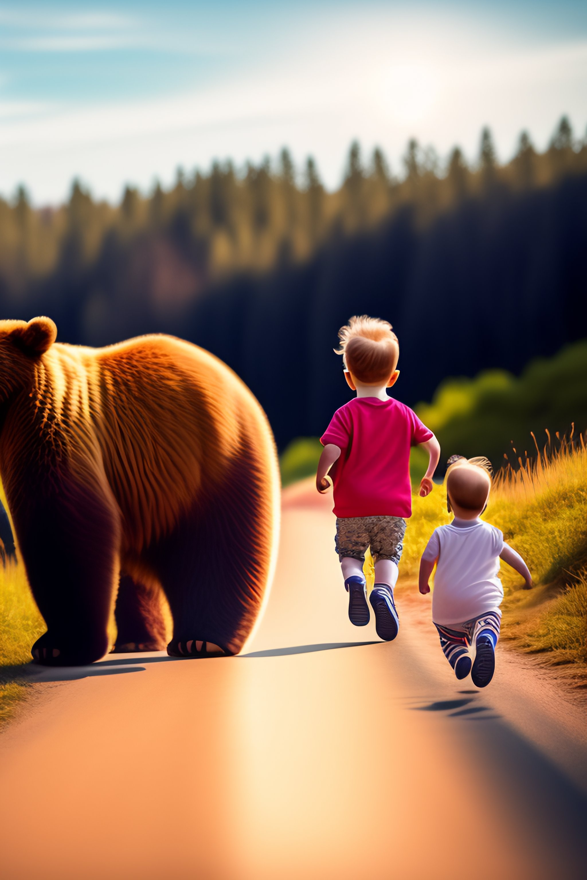 A Boy Running After A Bear
